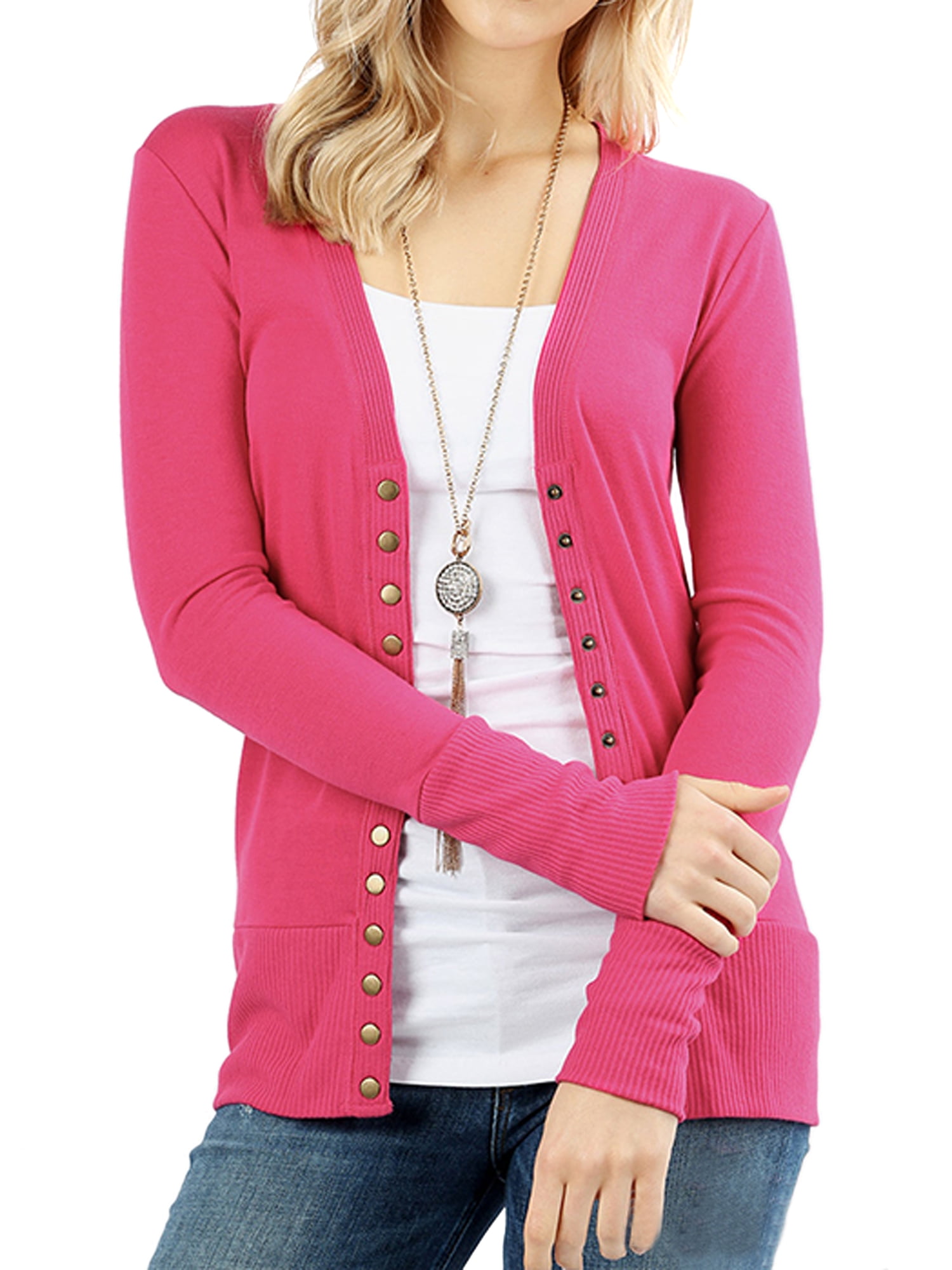 Women Classic Thin Snap Button Front V-Neck Button Down Long Sleeve ...