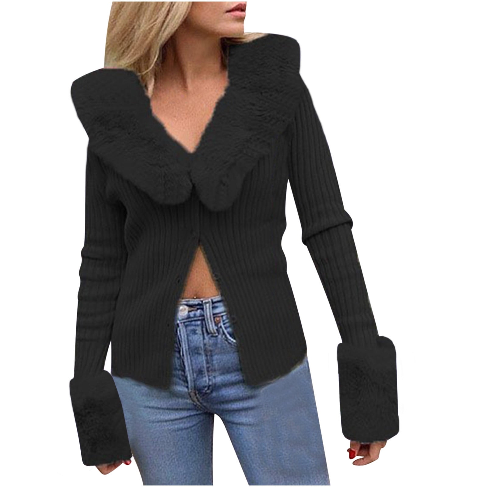 XFLWAM Women Long Sleeve V-Neck Cropped Knit Cardigan Sweaters Pullover ...