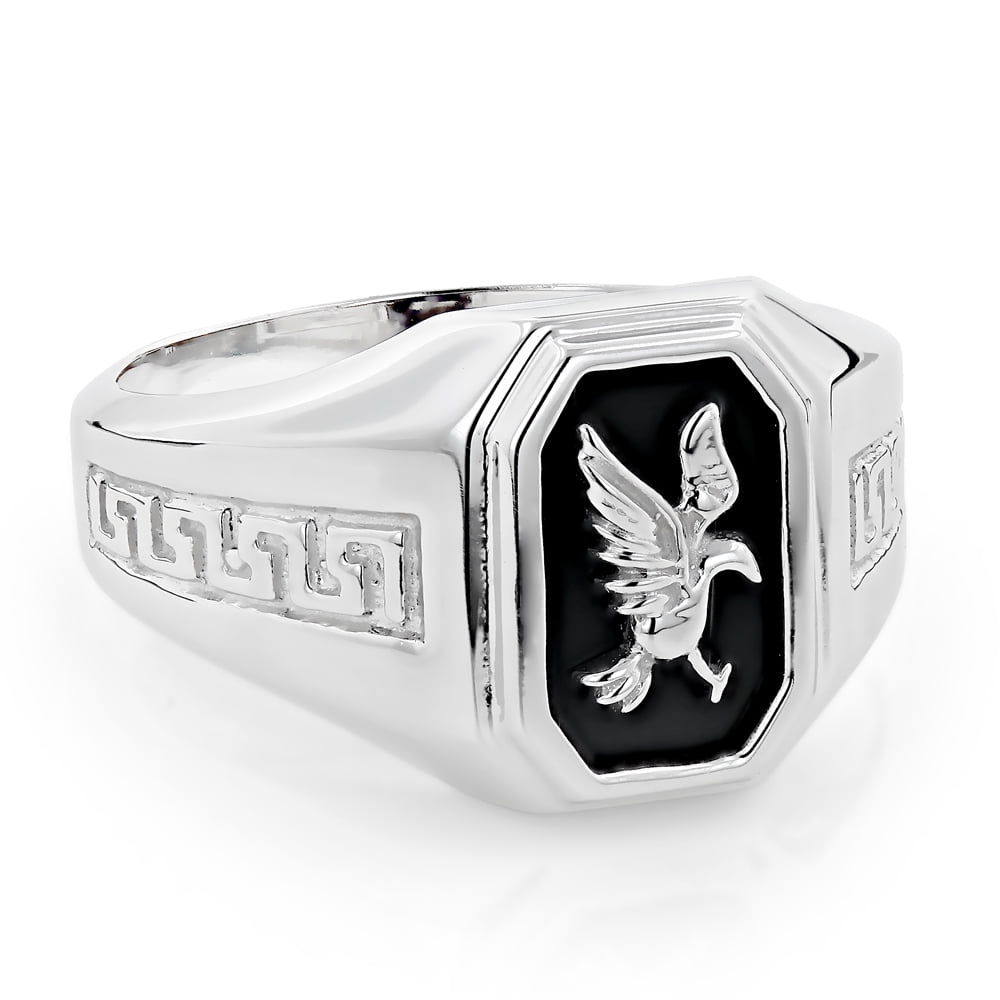 Mens Natural Black Onyx Ring 14K Eagle Ring For Him (White Gold Size 10 ...