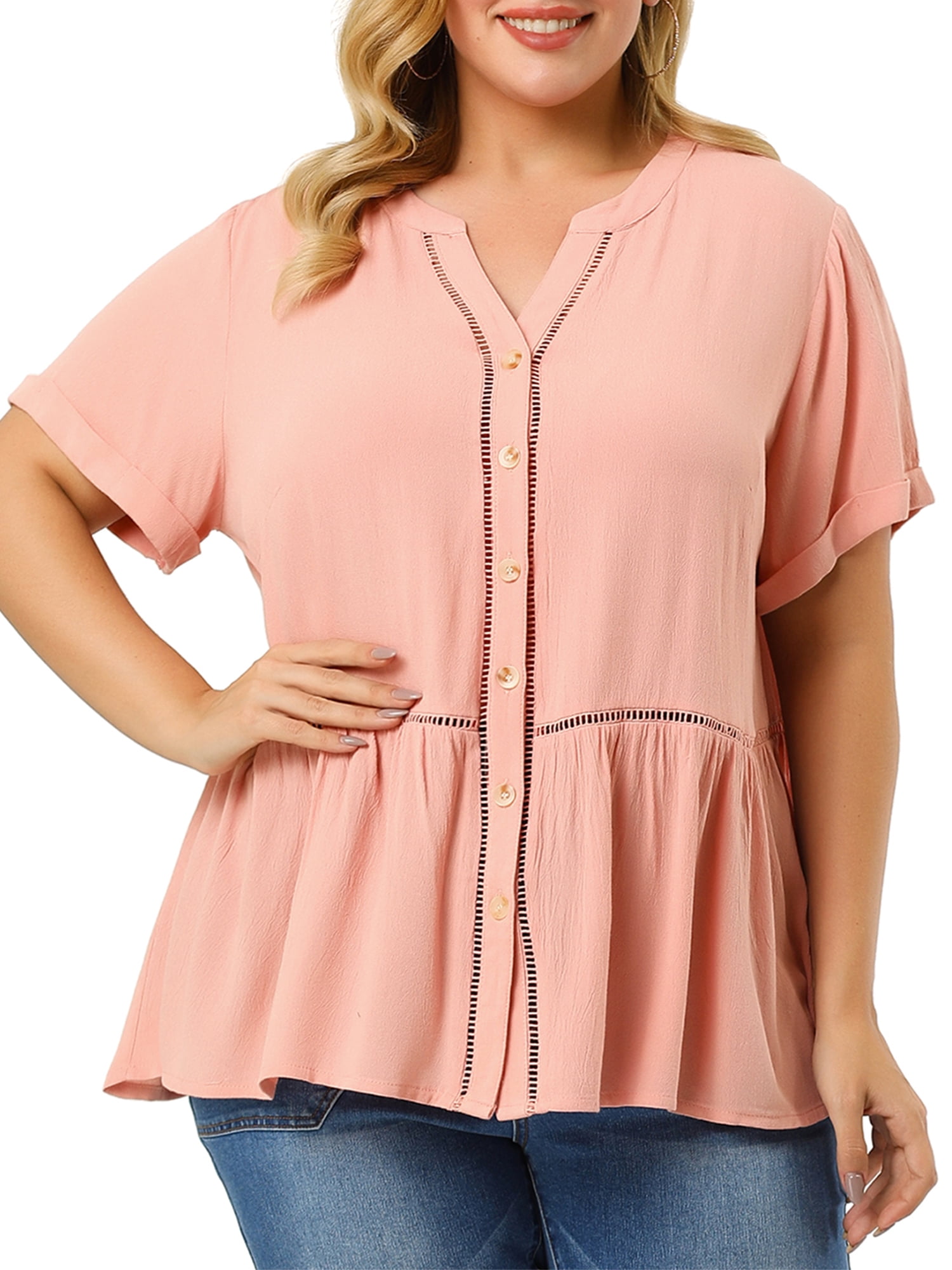Agnes Orinda Womens Plus Size Lace Shirt Eyelet Roll Up Short Sleeve Peplum Shirt
