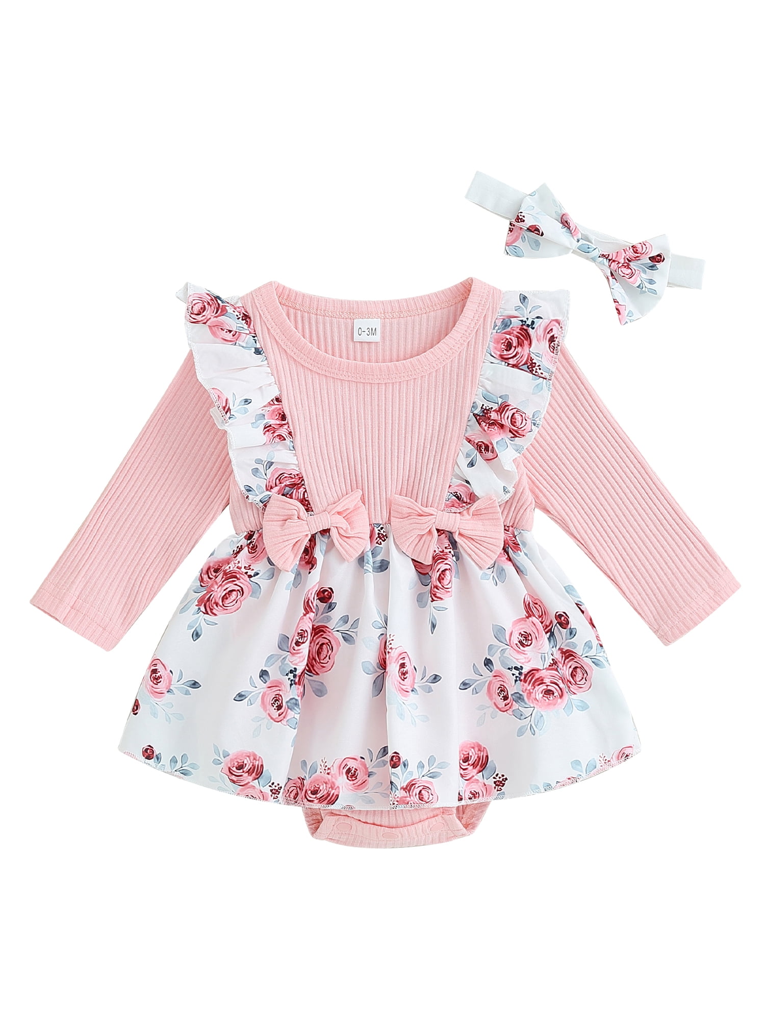 Biekopu Infant Girl Rompers Dress,Long Sleeve Rib Knit Floral Print ...