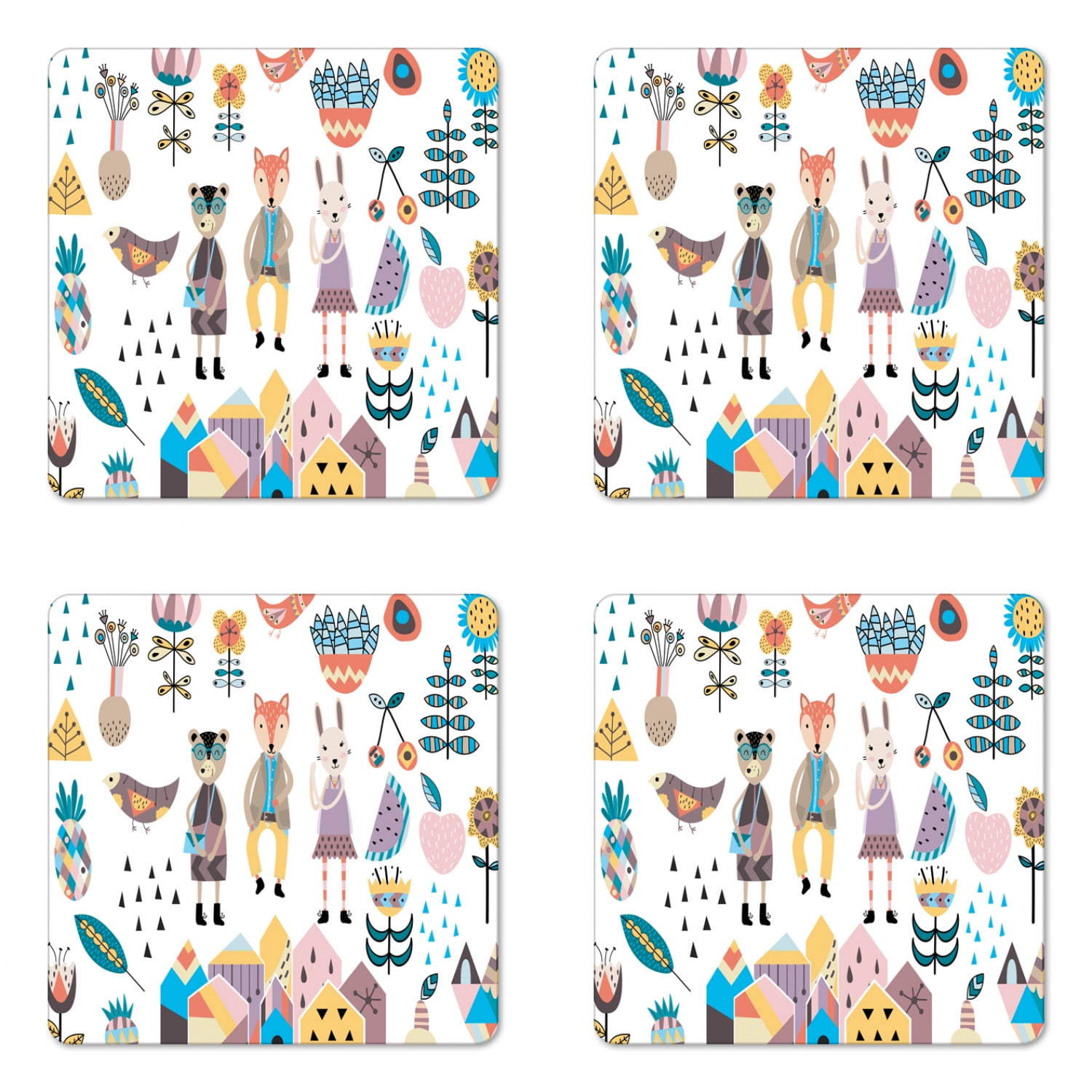 Cartoon Coaster Set of 4, Hand Drawn Fox Bunny and Bear with Human ...
