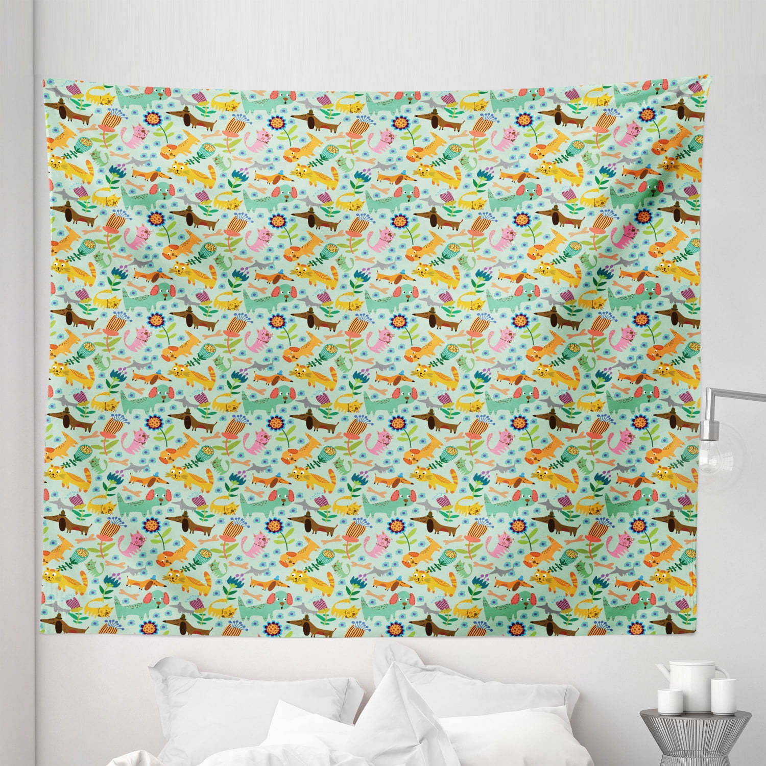 Stripes Tapestry, Playroom Design Illustration of Dashed Line Cats and ...