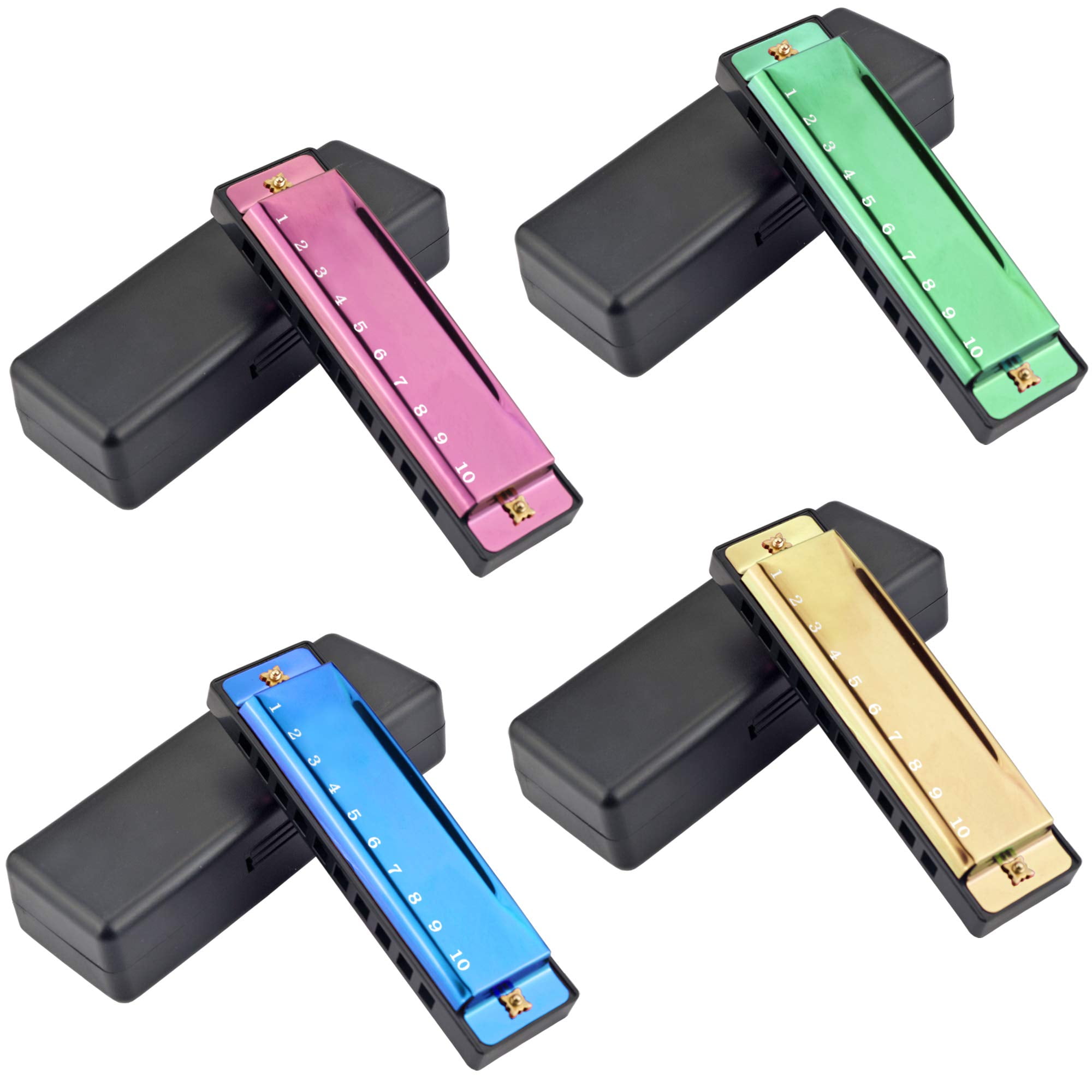 4PCS Key of C 10 Hole 10 Tones Titanium Color Harmonica with Case for ...