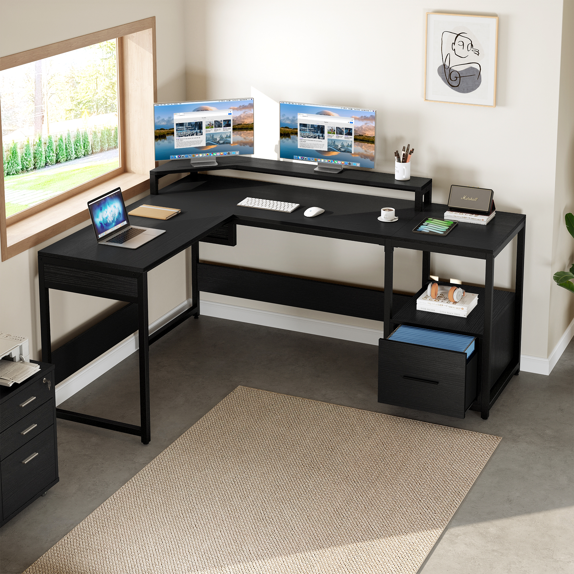 L Shaped Computer Desk with File Drawer, 65" L Shaped Desk with Monitor ...