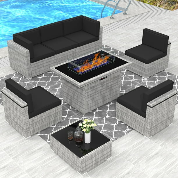 8 Piece Patio Furniture Set with 44" Propane Gas Fire Pit Table, Outdoor Sectional Conversation ...