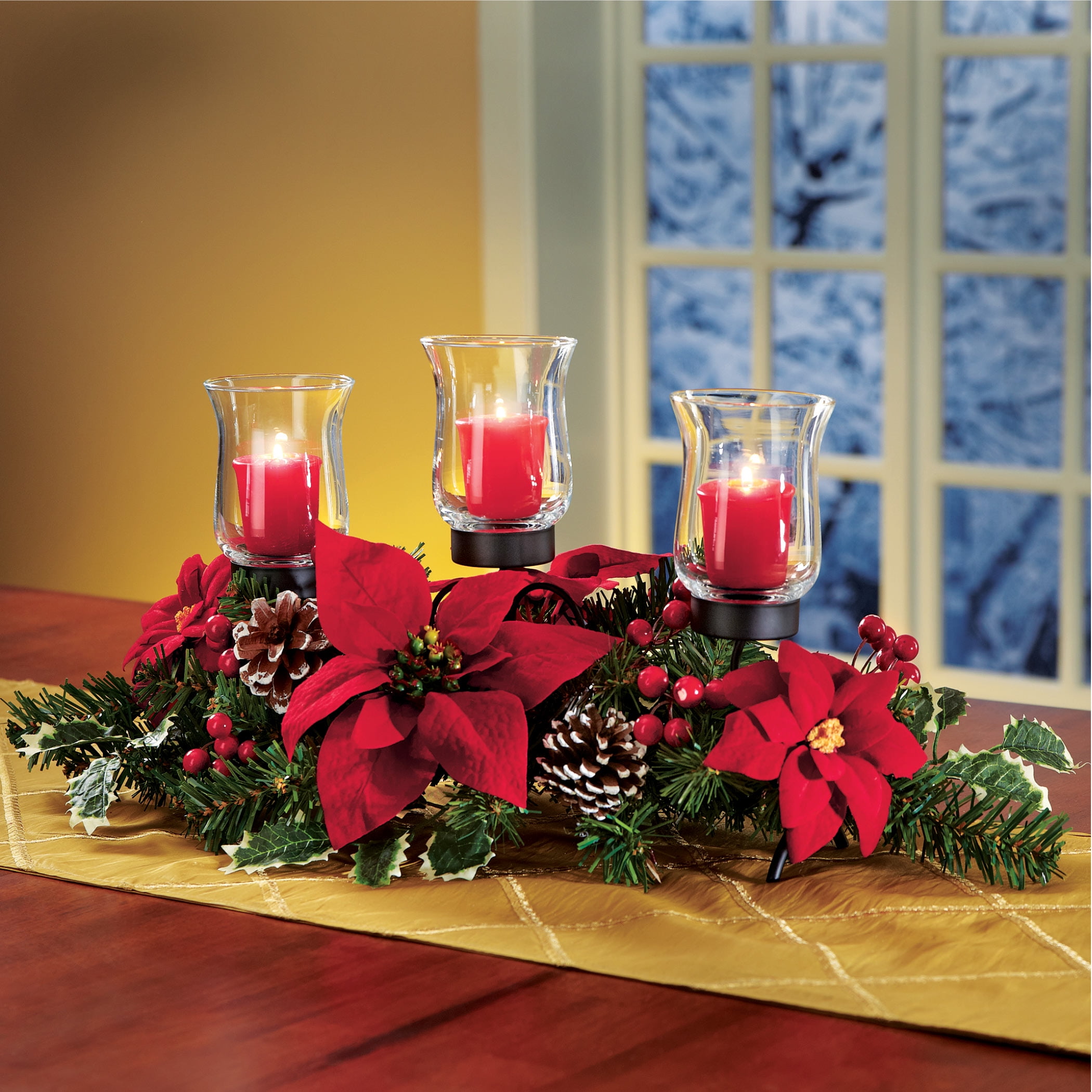 Christmas Poinsettia Candle Holder Centerpiece With Pinecones Red Christmas Poinsettia Candle Holder Centerpiece With Pinecones Red
