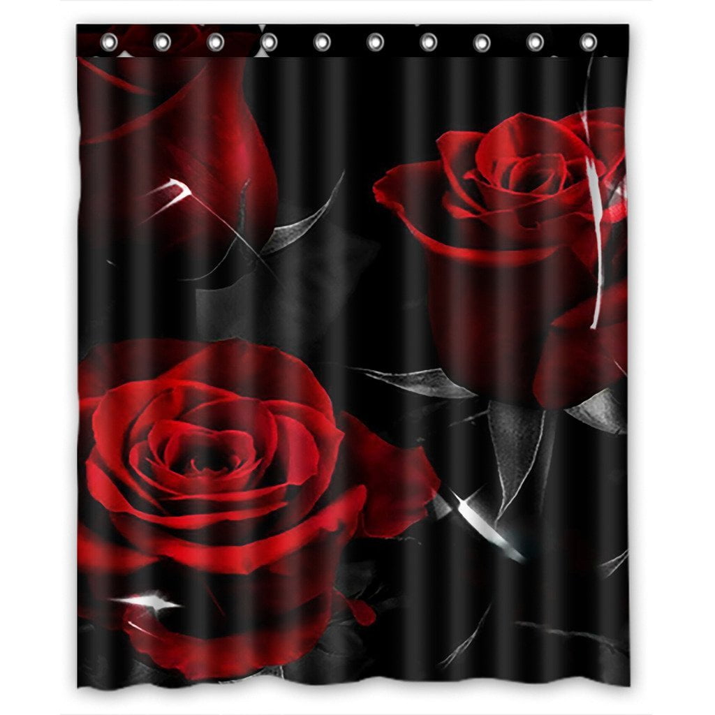 GCKG Fire Red Rose And Black Leaves Bathroom Shower Curtain, Shower ...