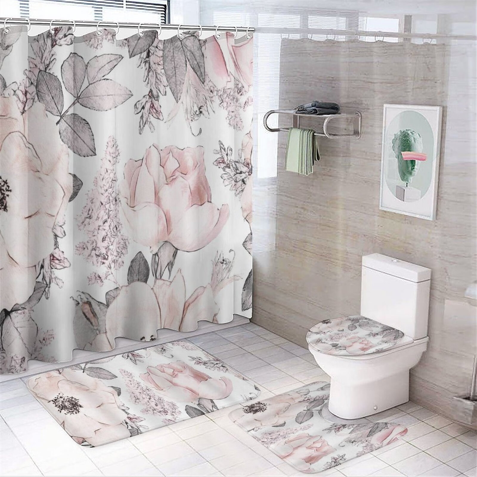 4 Pcs Shower Curtain Set Pink Flowers Leaves Watercolor Floral Retro