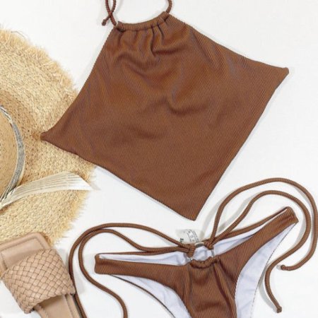 Lookeble's Diamond Halter Top High Cut Ribbed Bikini Set with Center ...