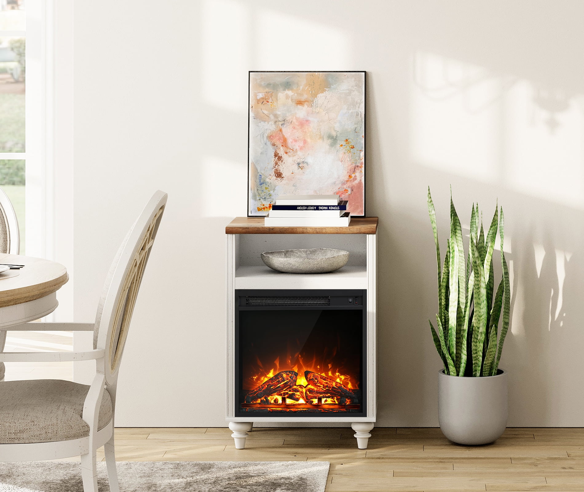 End Table with 18″ Electric Fireplace and Storage, Wooden Bedside Side ...