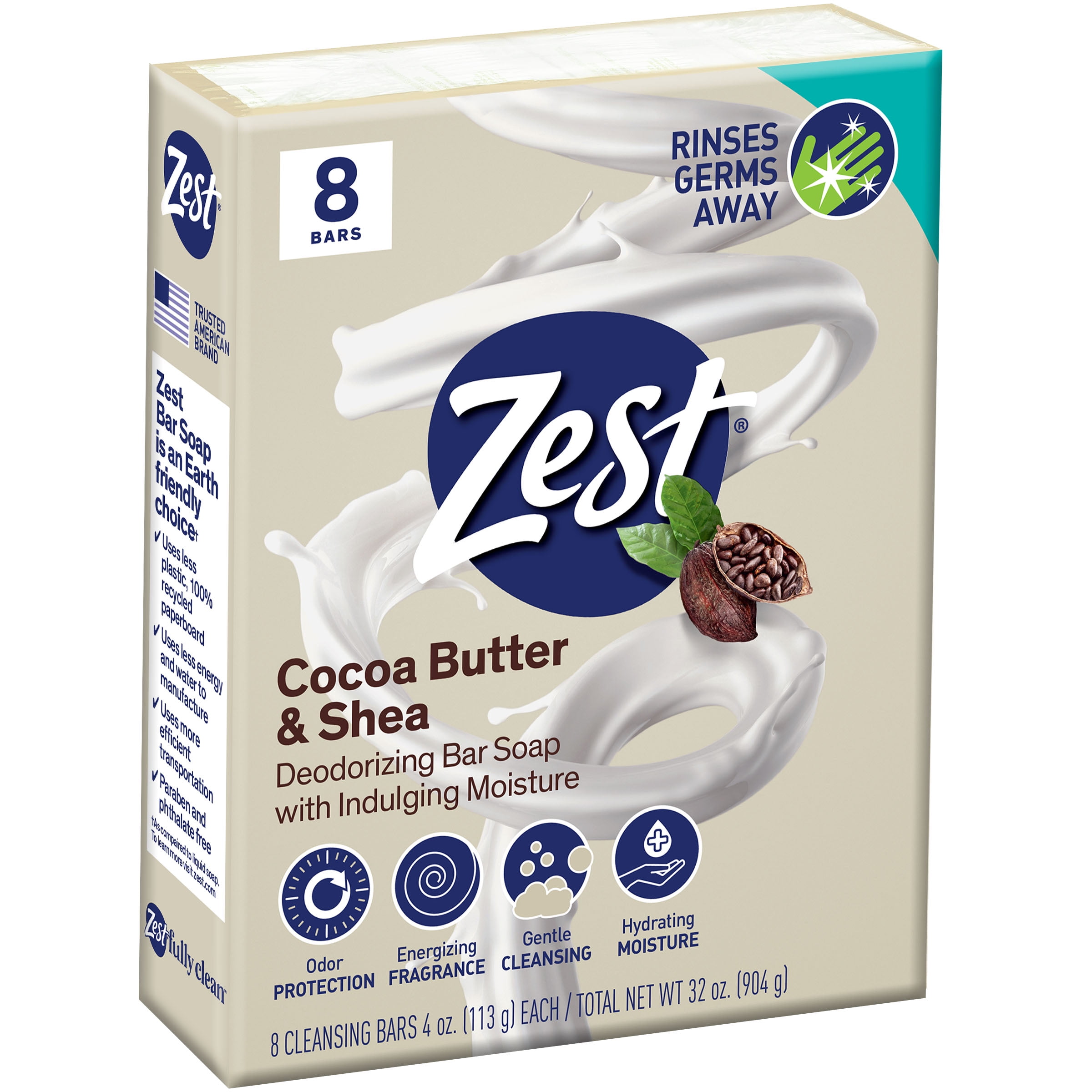 Zest Deodorant Bar Soap, Hydrating Moisture for All Skin Types, Cocoa ...