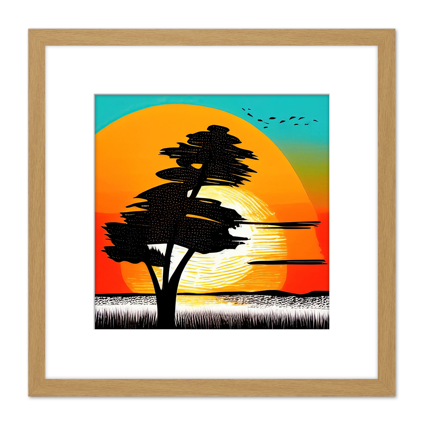 Lone Black Tree Countryside Bright Colourful Sunrise Linocut ...