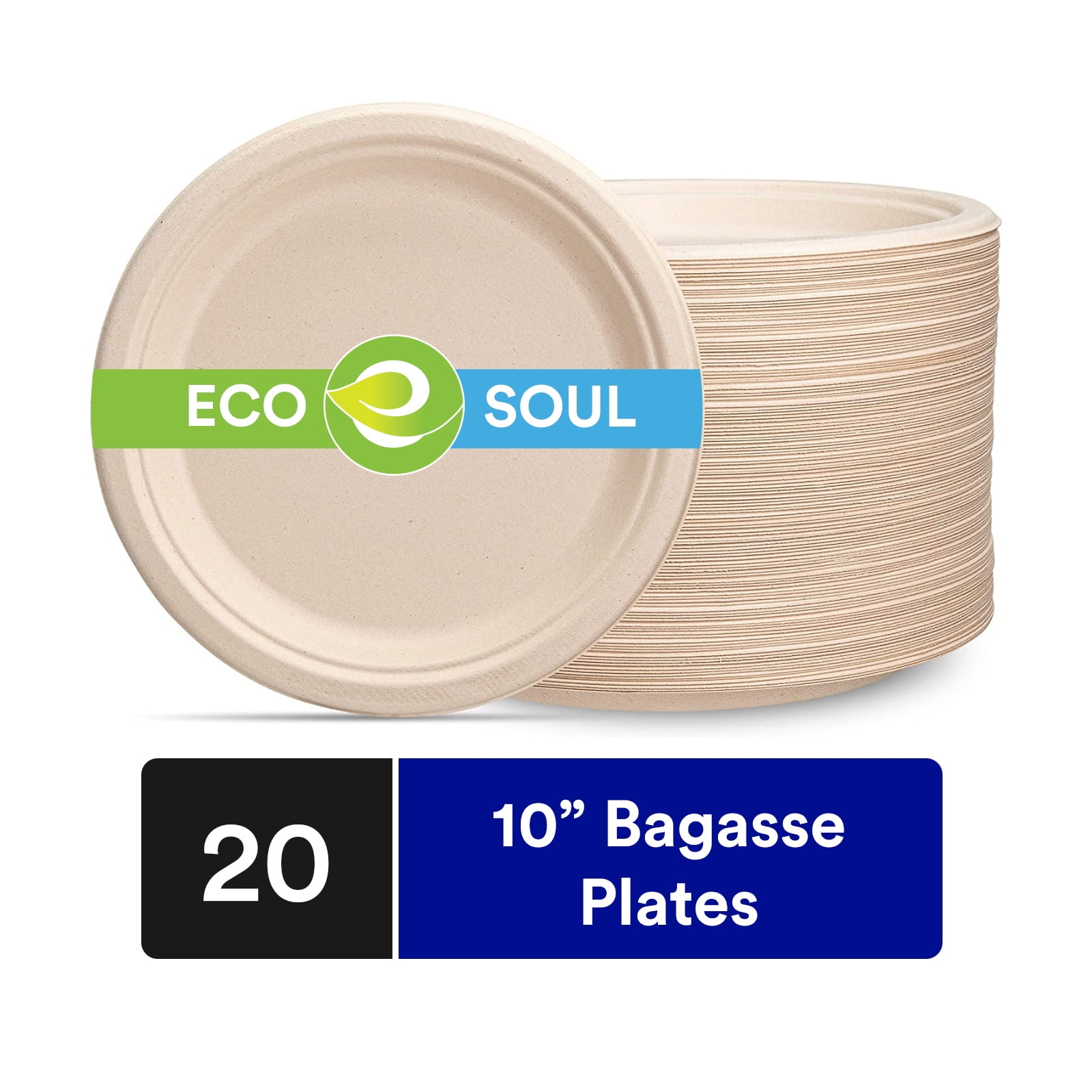 ECO SOUL 100% Compostable 10 Inch Bagasse Paper Plates, 20 Counts ...