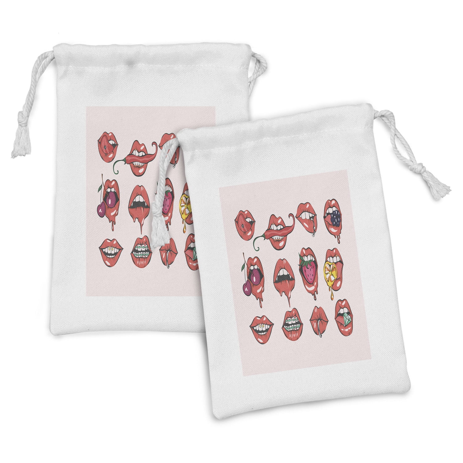 Lips Fabric Pouch Set of 2, Closeup Fleshy Lips Biting Strawberry ...