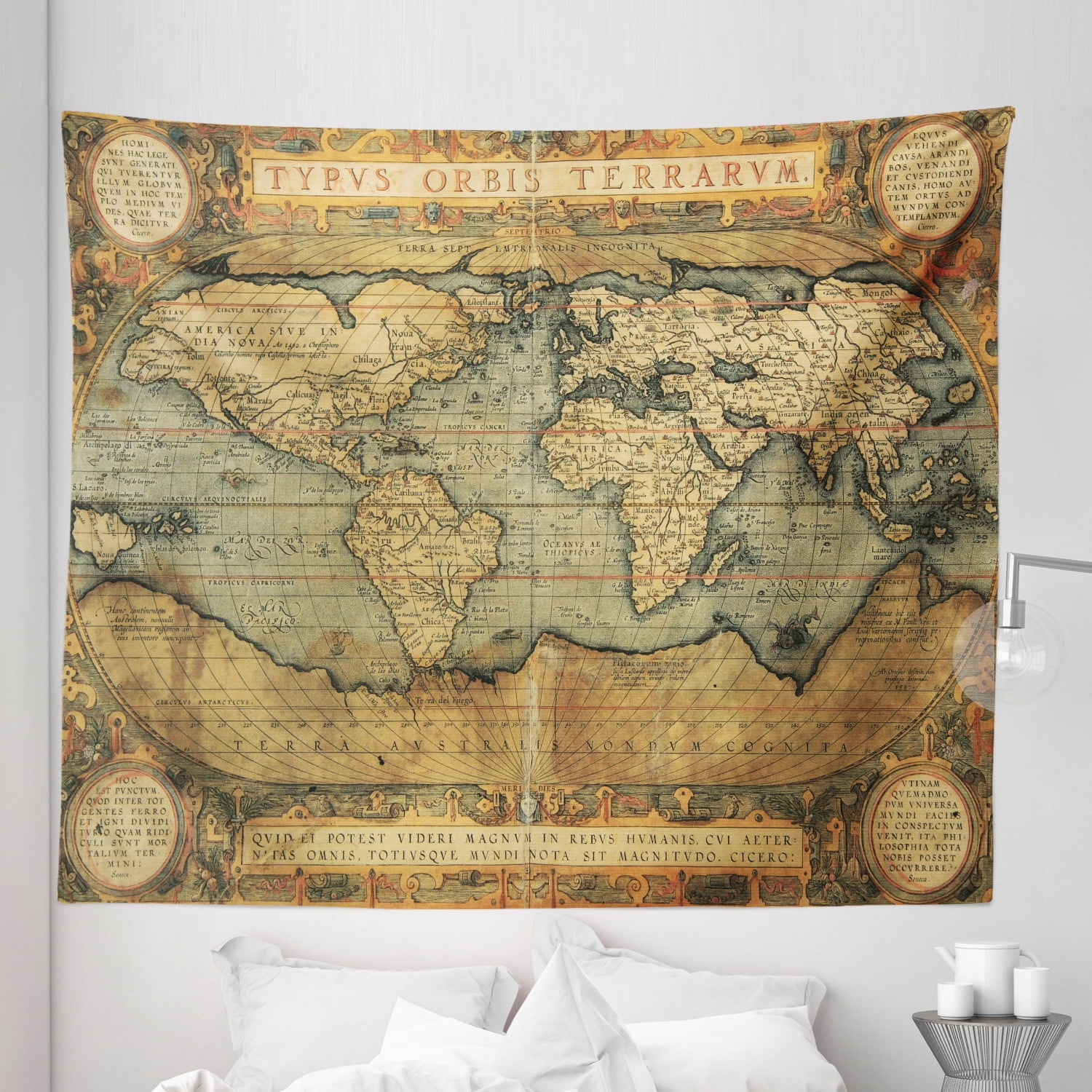 World Map Tapestry, Old Chart Vintage Composition of 16th Century Atlas ...