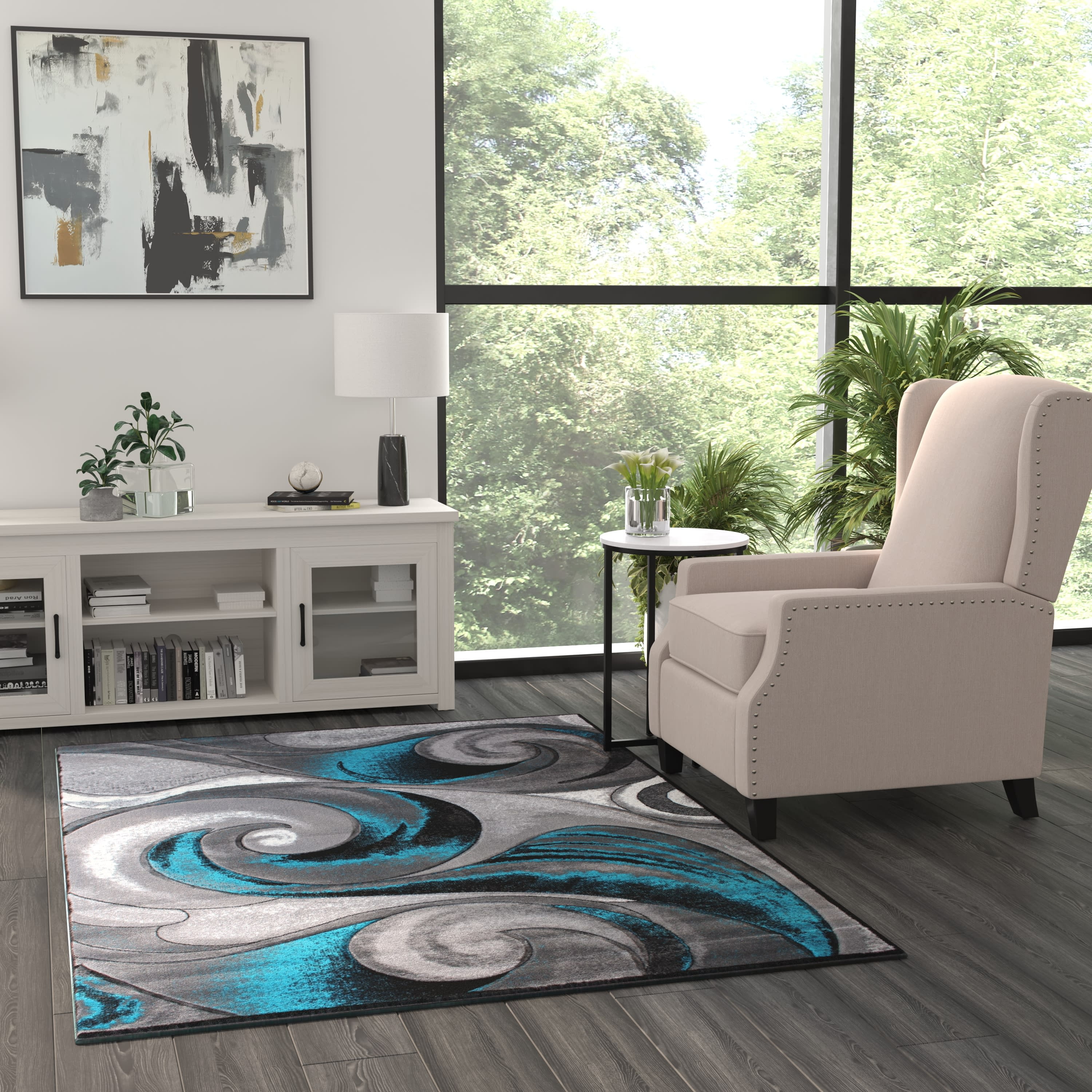 BizChair Modern Woven Area Rug, Hand Carved Turquoise (5 Feet X 7 Feet ...