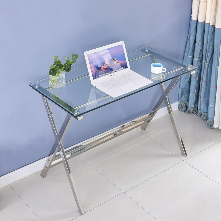 Modern Glass Computer Desk Study Table Gaming Desks Clear Study Desk Workstation Table for Small Spaces Stainless Steel Frame 43.5 x21.7 x29.9 Walmart
