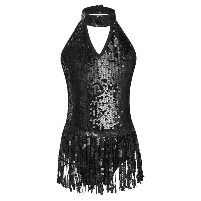 Yizyif Girls Shiny Sequins Latin Dance Dress Costume Tassel Hem