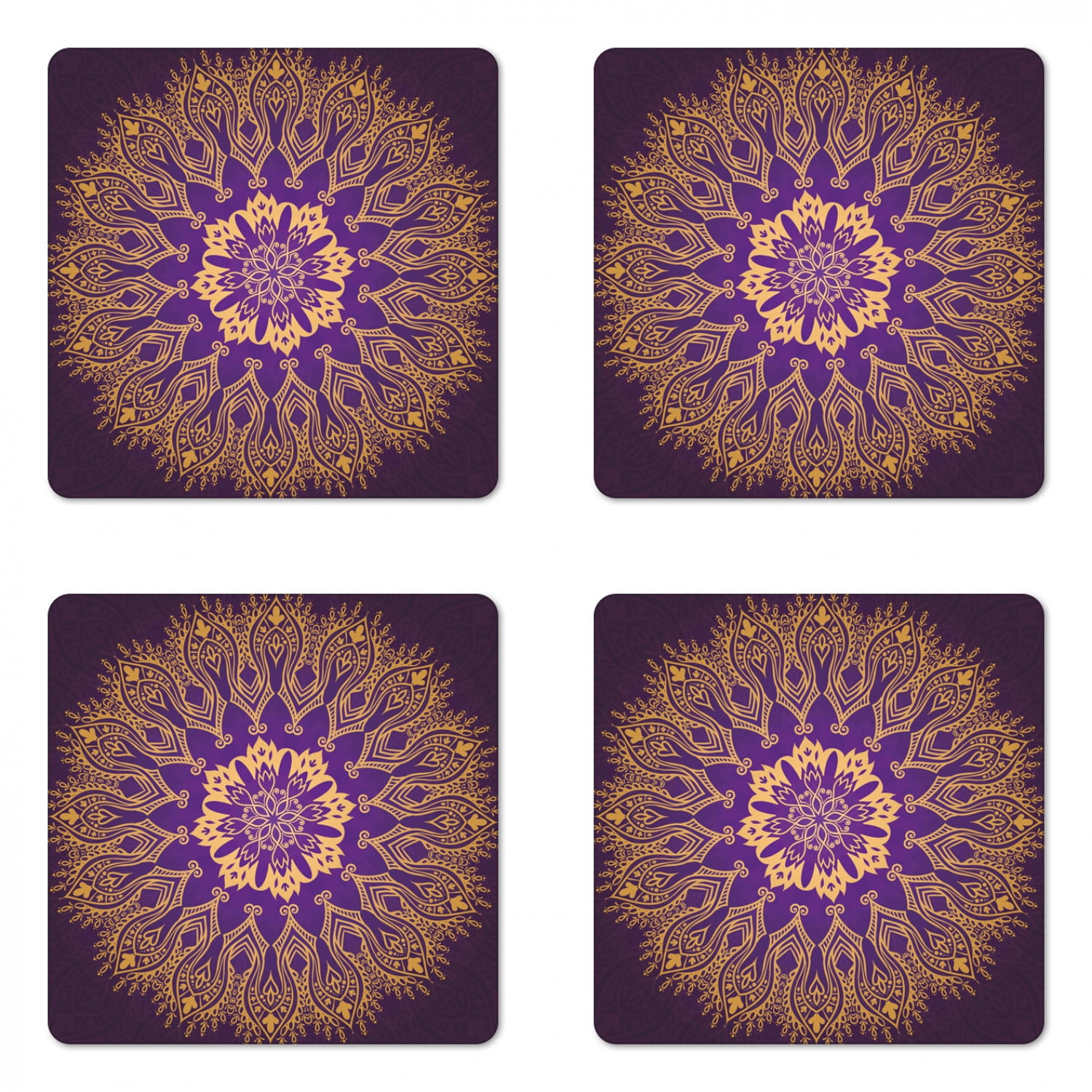 Mandala Coaster Set of 4, Round Bohemian Motif Leaves Folkloric Print ...
