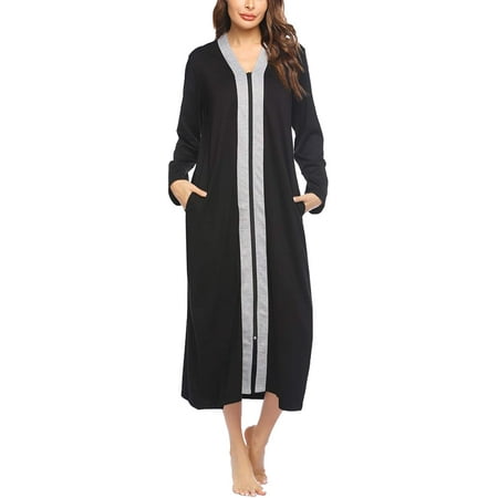 Women Zip up Robe Lightweight Housecoat Full Length Nightgown Long ...