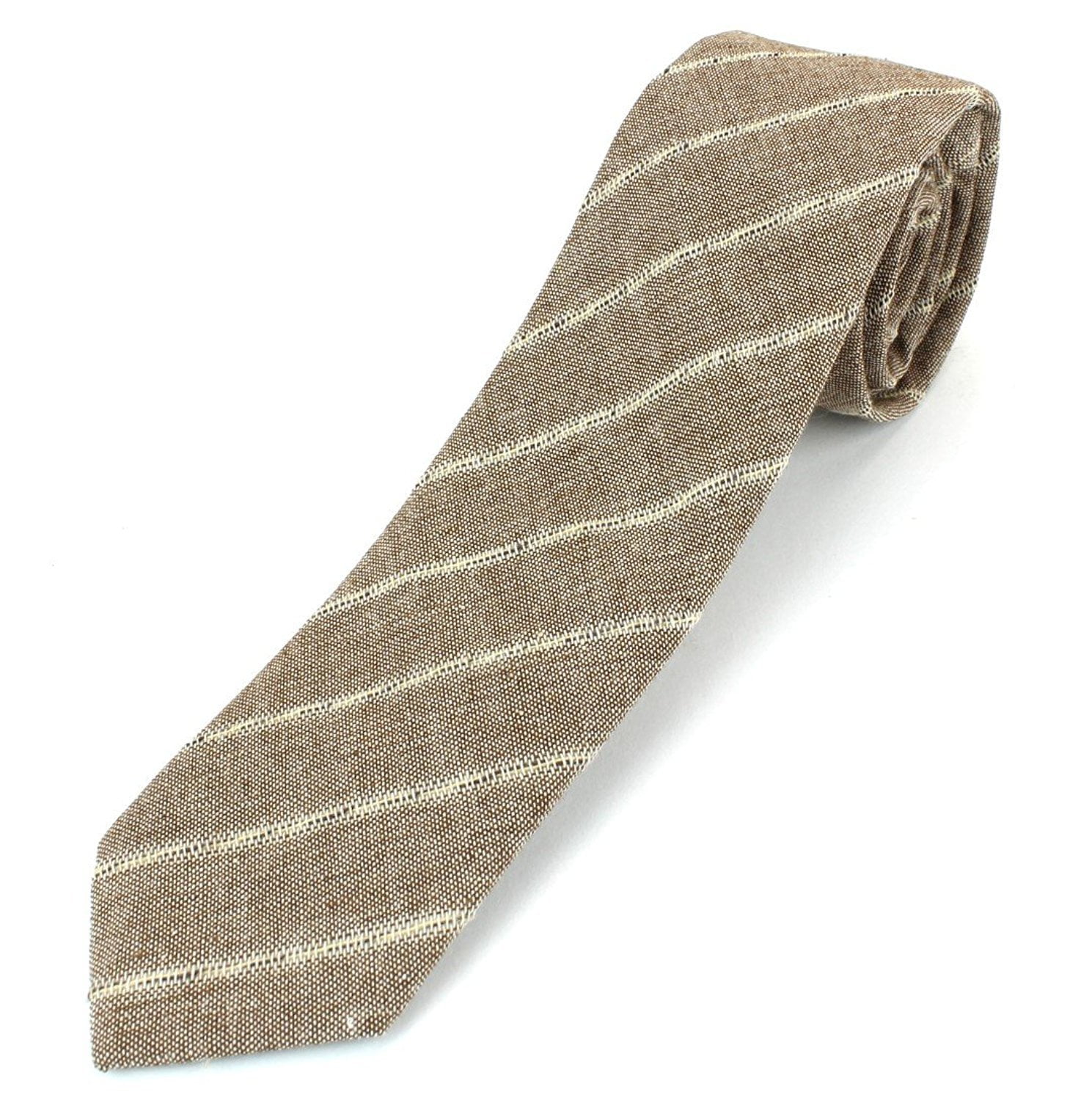 Men's Linen Cotton Skinny Necktie Tie Light Beige/White/Brown Pinstripe ...