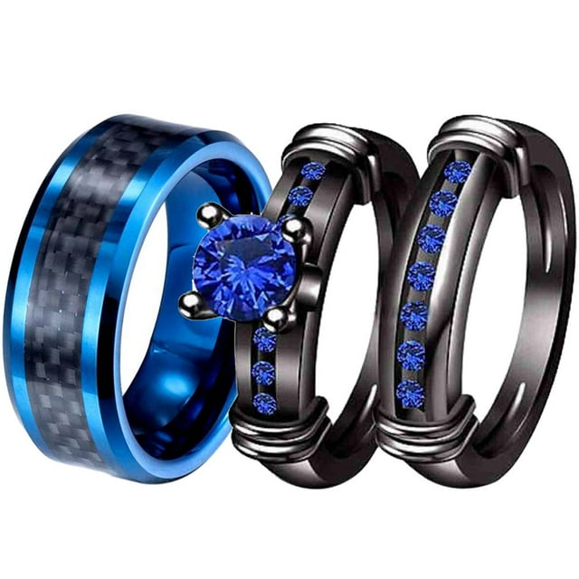 Matching Ring Couple Rings Black Gold Plated 1CT Blue CZ Wedding Ring ...