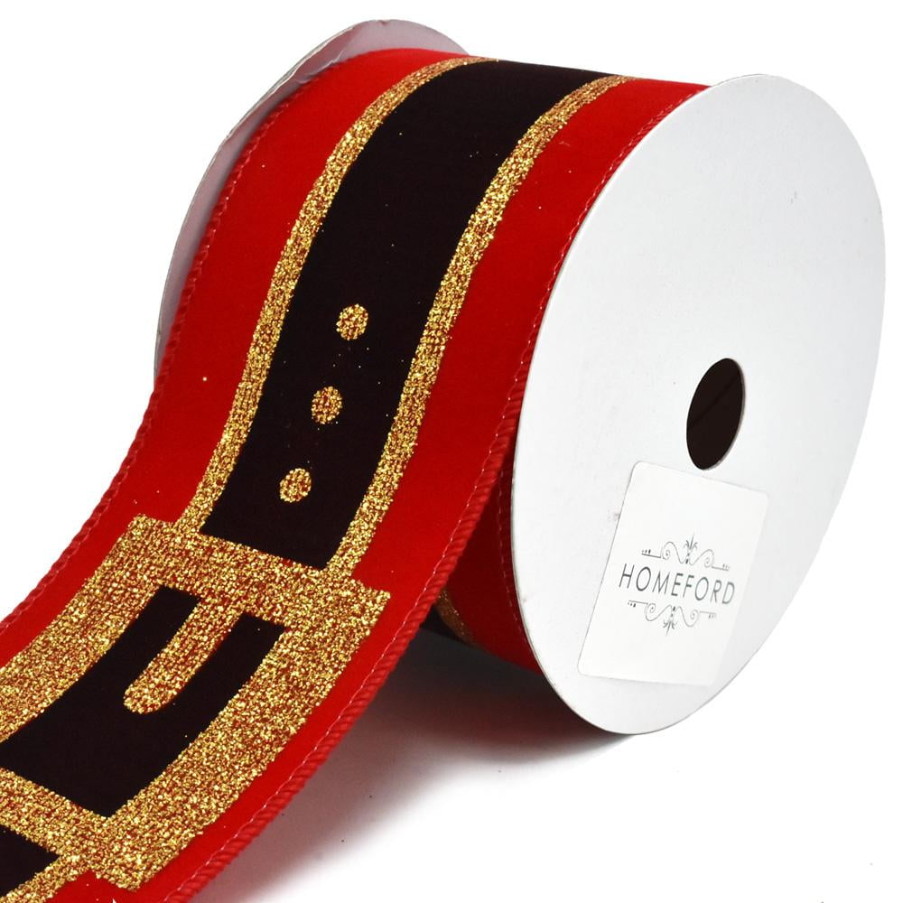 Velvet Glittered Santa Belt Wired Christmas Ribbon, 2-1/2-Inch, 10-Yard ...