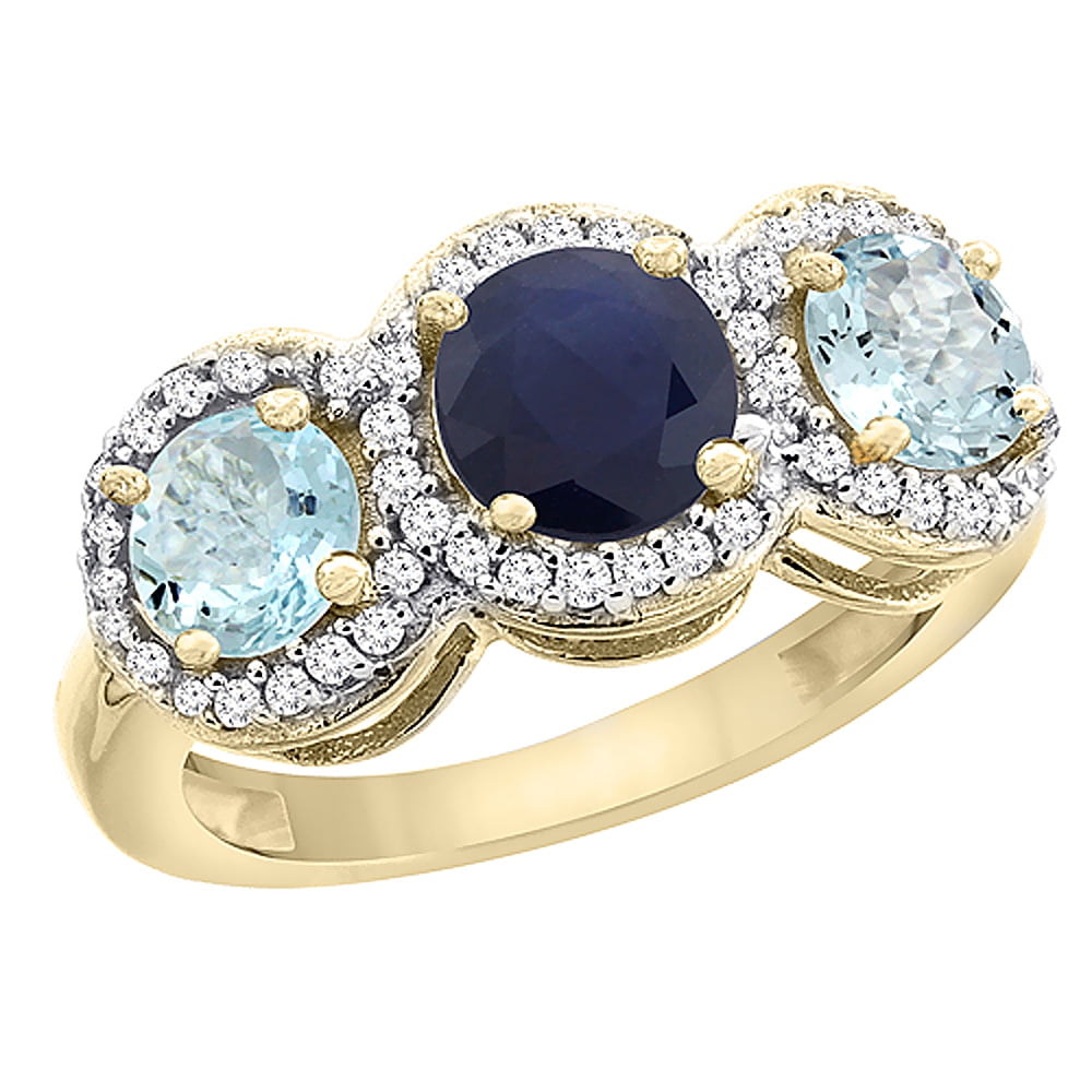 14K Yellow Gold Natural High Quality Blue Sapphire & Aquamarine Sides Round 3-stone Ring Diamond ...