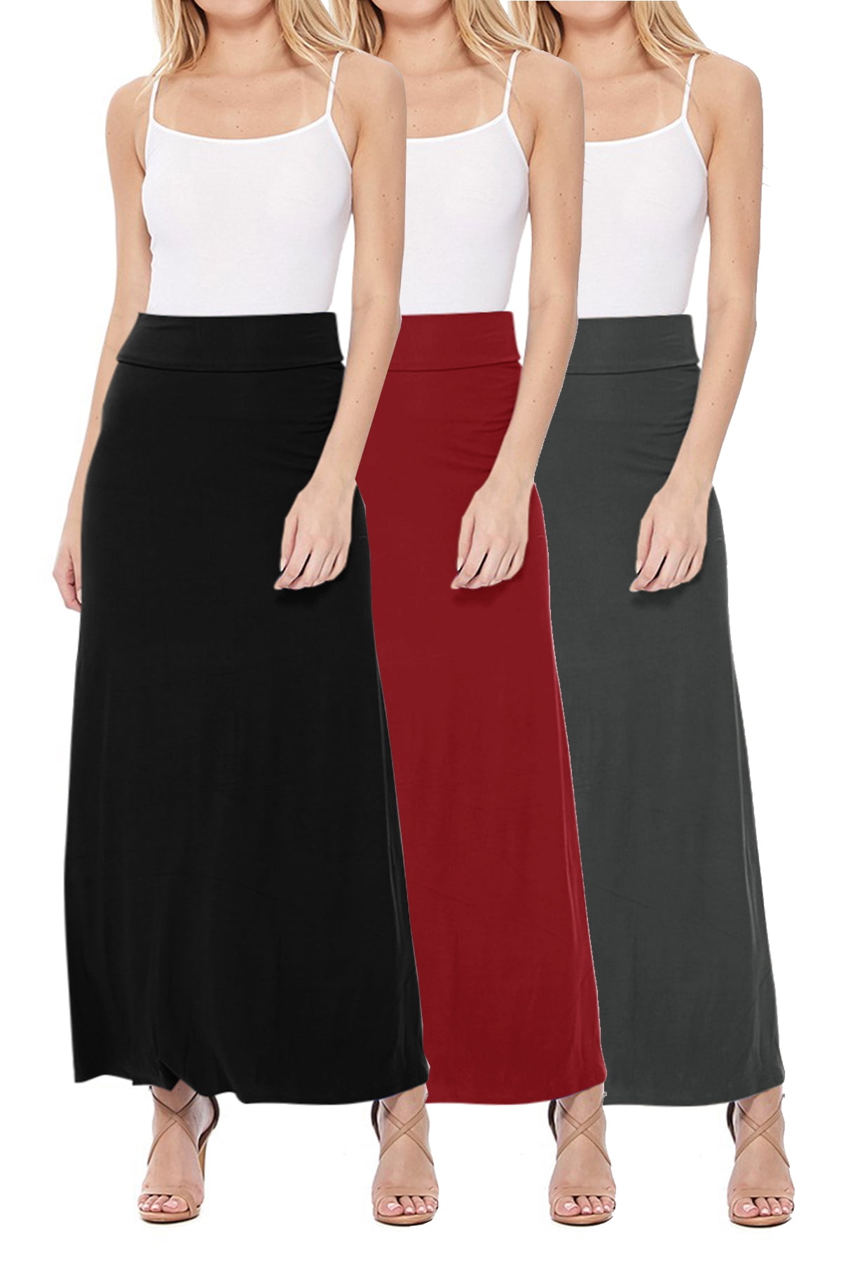 Womens Casual Solid Foldable Waisted A Line Maxi Skirt Pack Of 3