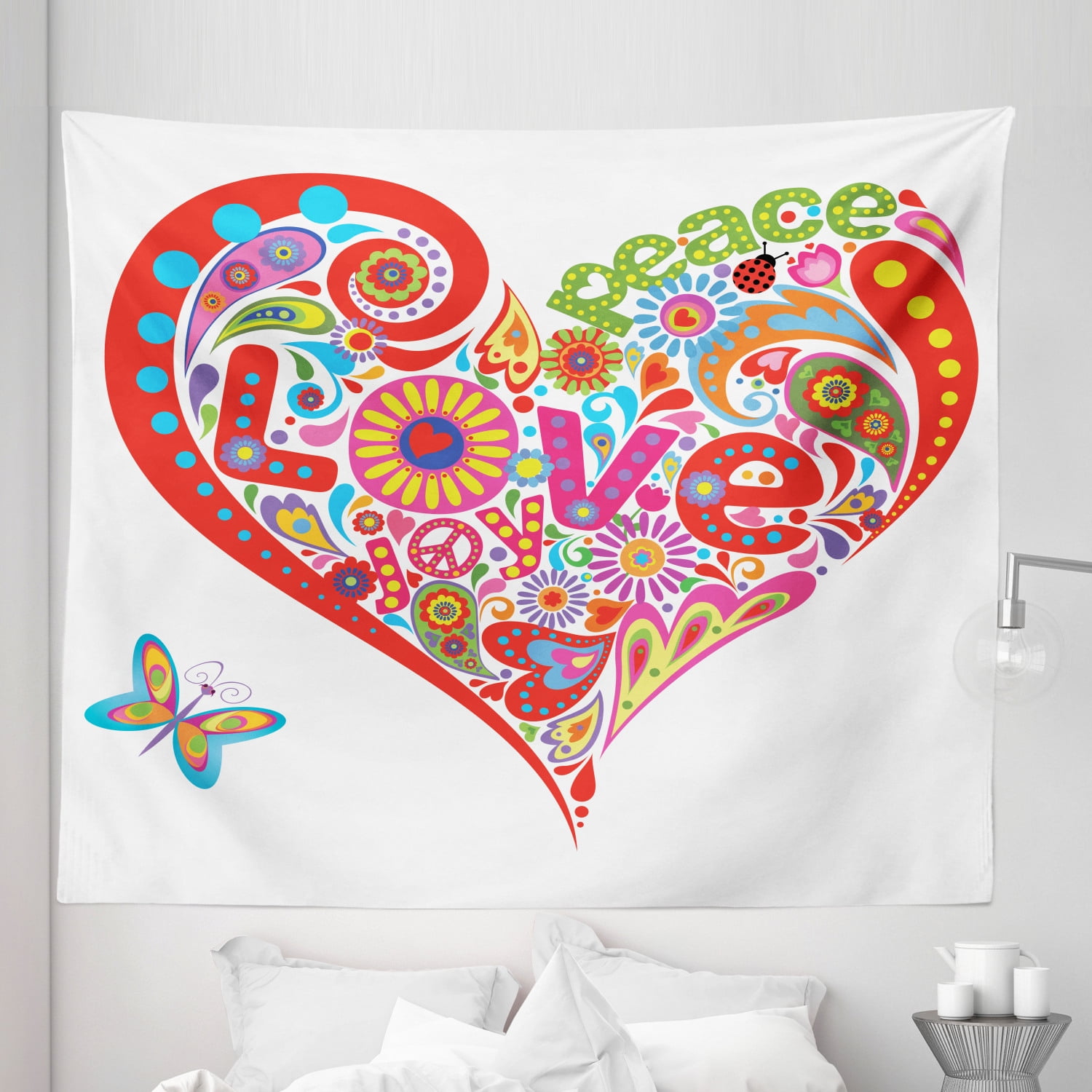 Hippie Tapestry, Hippie Heart Shape Colorful Flowers Butterfly ...