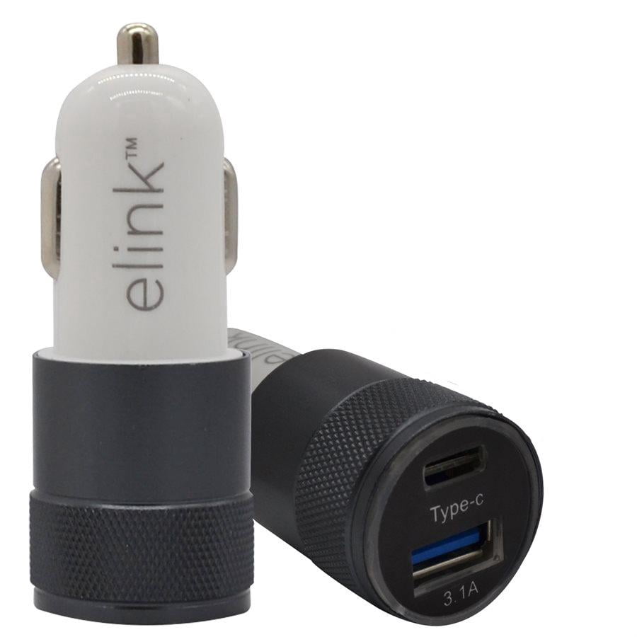 Elink EK768 Universal Car Charger with USB and Type-C Ports White Ports ...