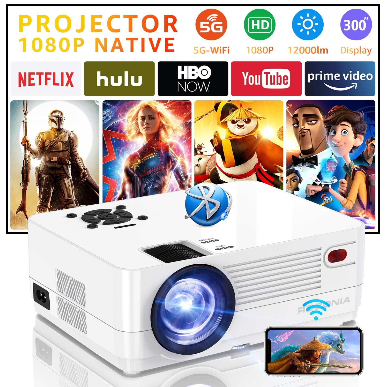 Ubantor Native 1080P 5G WiFi Bluetooth Projector,12000LM Full HD Movie ...