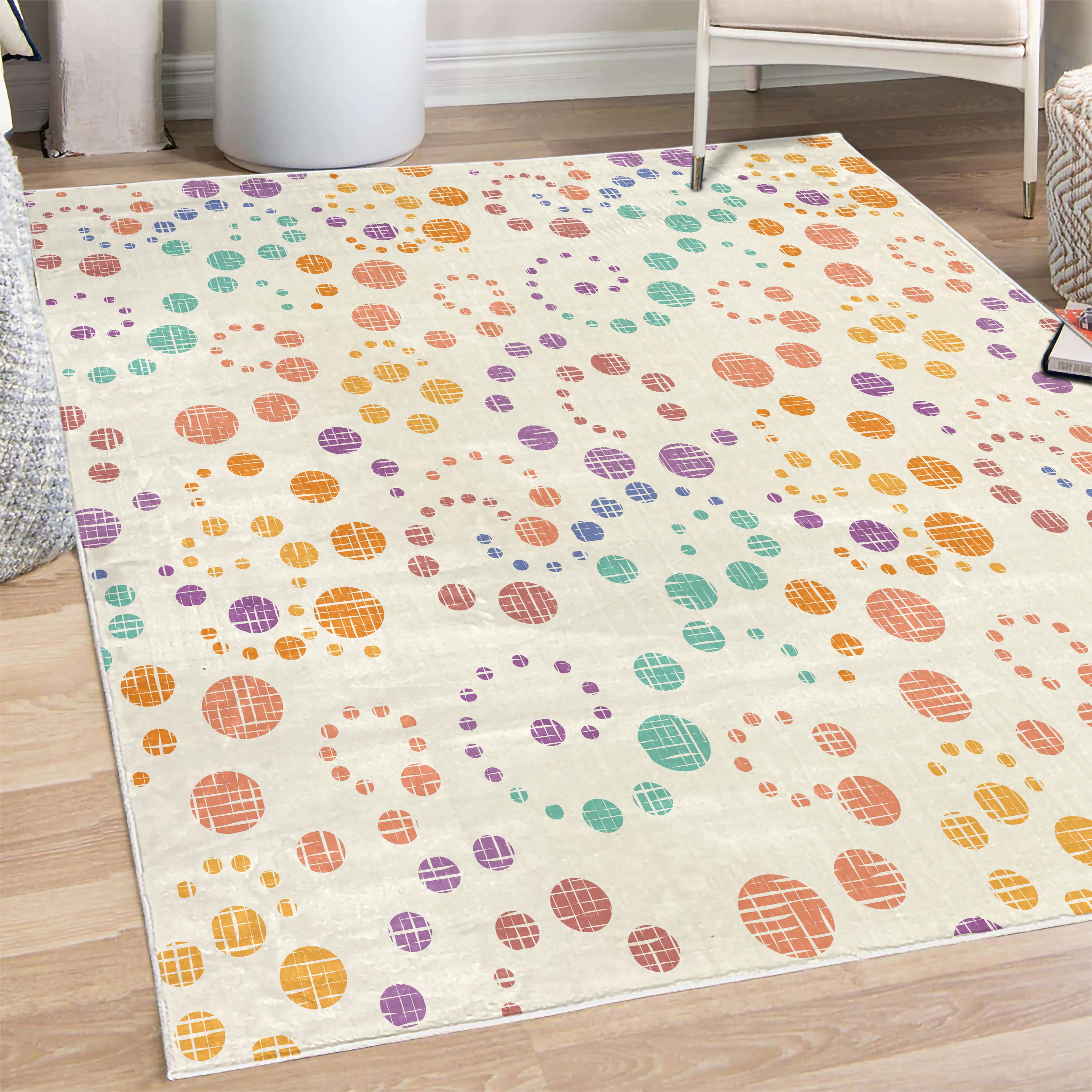 Modern Art Decorative Rug, Grunge Polka Dots Spots Backdrop Motif Retro ...