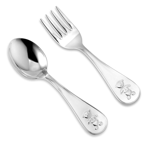 Sterling Silver Baby Spoon and Fork Set Wide Keepsake Teddy Bear Design ...