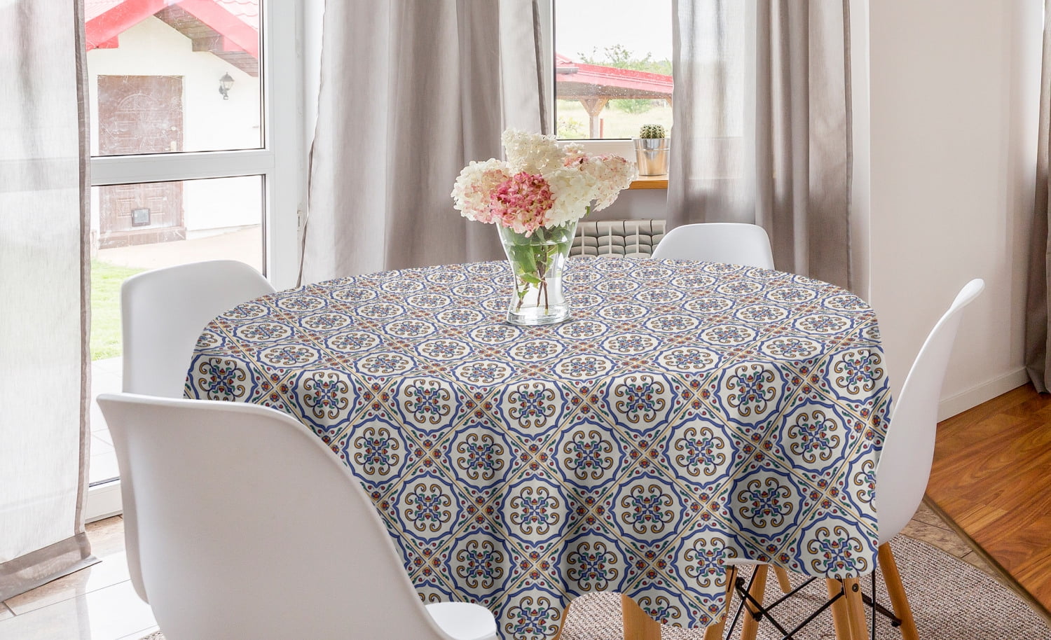 Geometric Round Tablecloth, Portuguese Tile Pattern with Swirls Curves ...