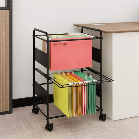 Sinda 2 Tiers Metal Rolling File Carts with Wheels Hanging Files for ...
