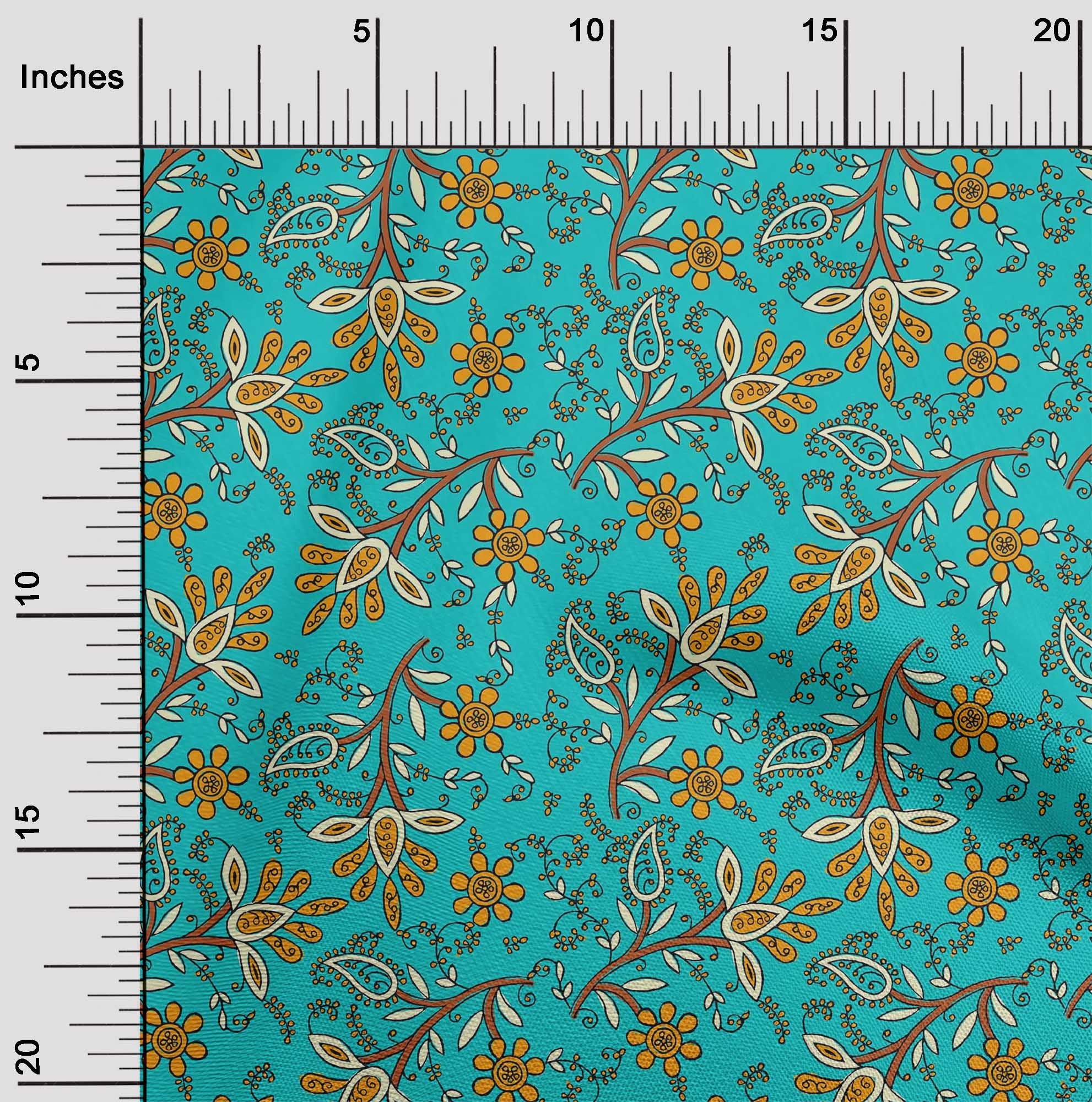oneOone Silk Tabby Fabric Leaves & Floral Block Printed Fabric 1 Yard ...