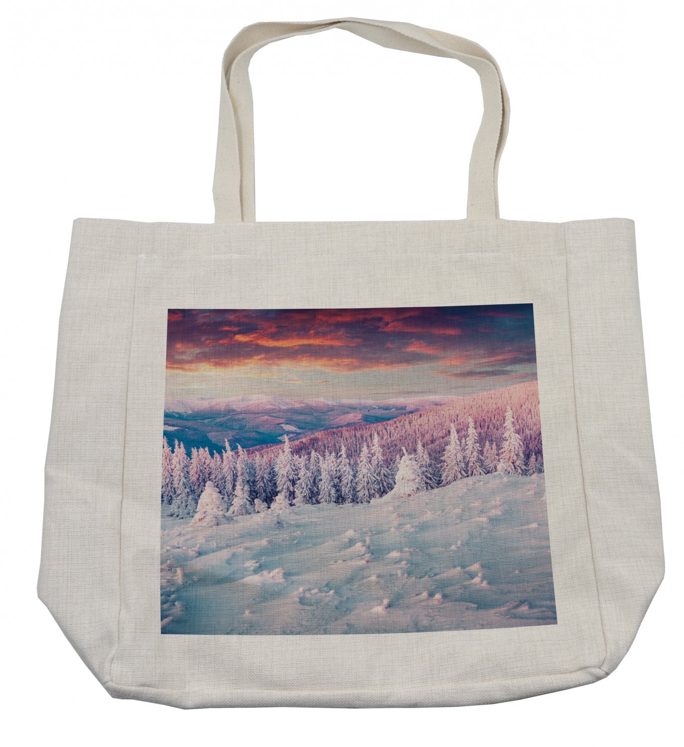 Winter Shopping Bag, European Snowy Mountains Pine Forest with Sky ...