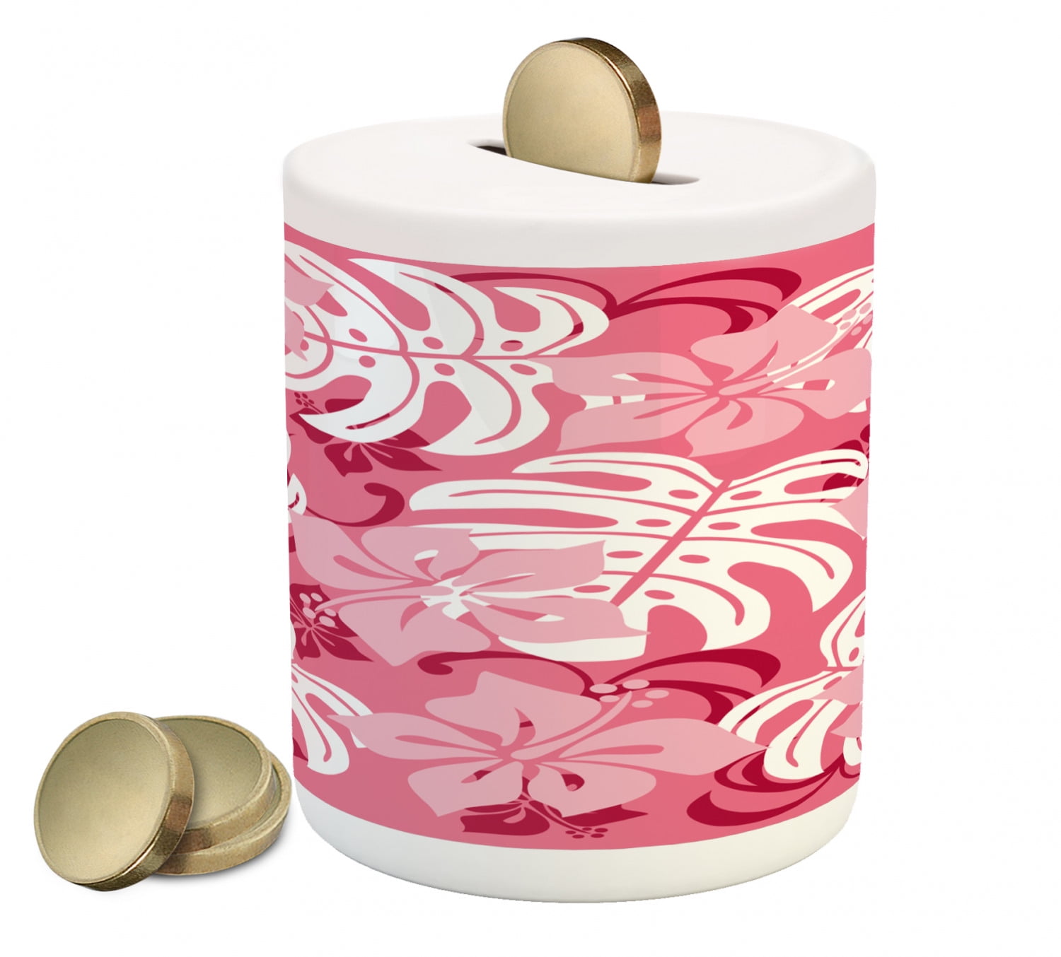 Luau Piggy Bank, Hibiscus Flower Monstera Leaves Rainforest Plants ...