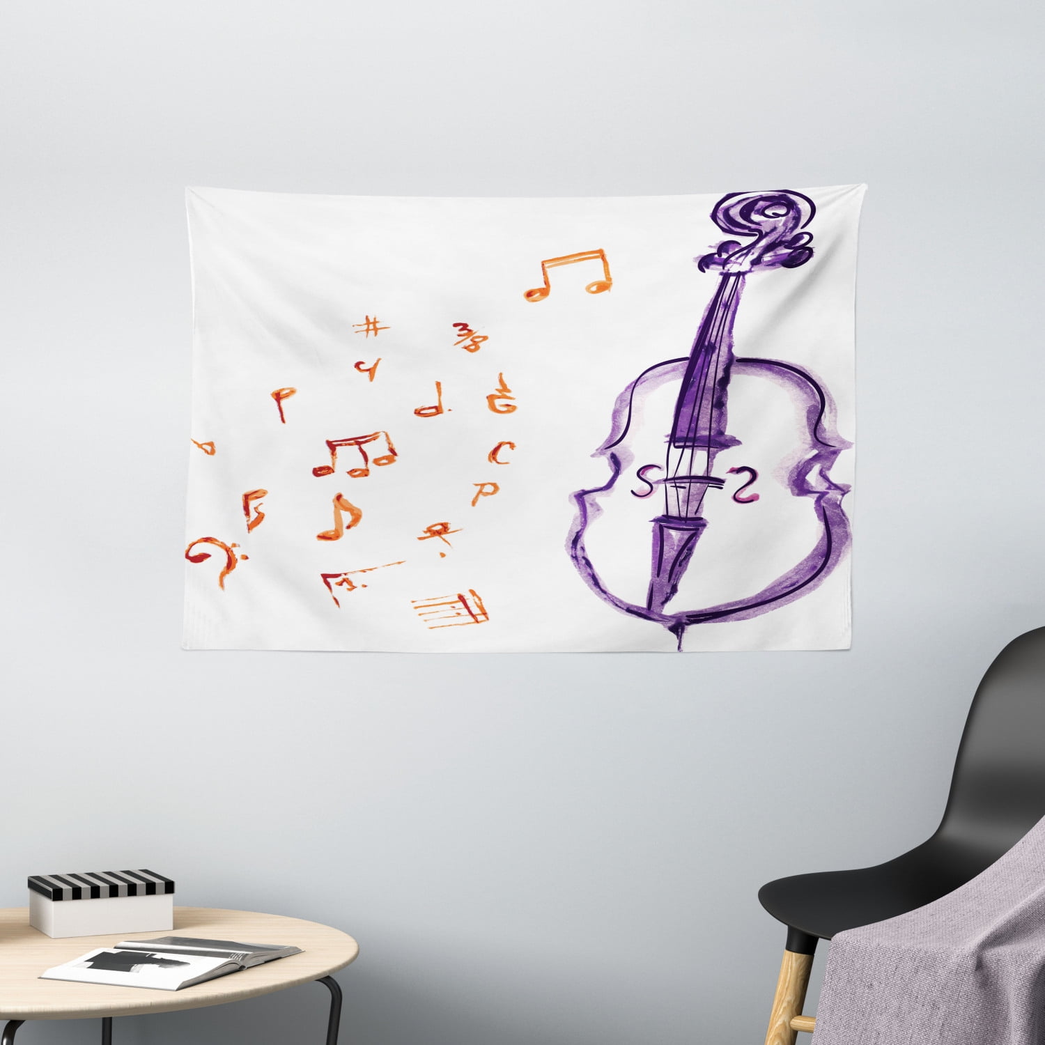 Music Decor Tapestry, Musical Notes Instrument Violin Cello Watercolor ...