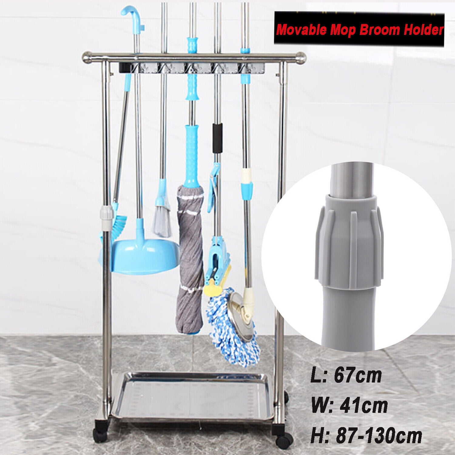 6-Hook Standing Cleaning Tool Rack Mop Stick Hanger Movable Broom ...
