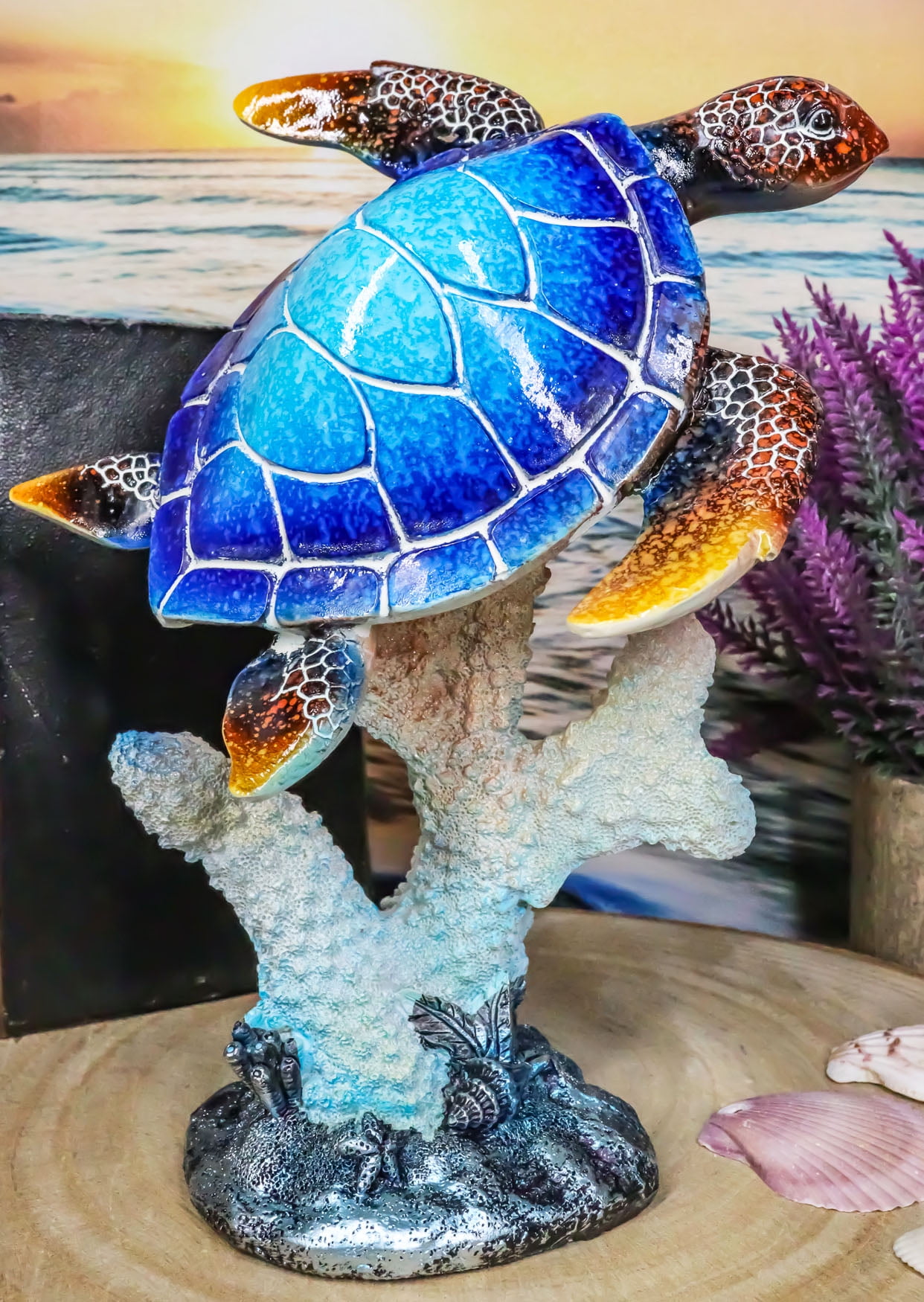 Nautical Ocean Blue Giant Sea Turtle Swimming By White Corals Figurine ...