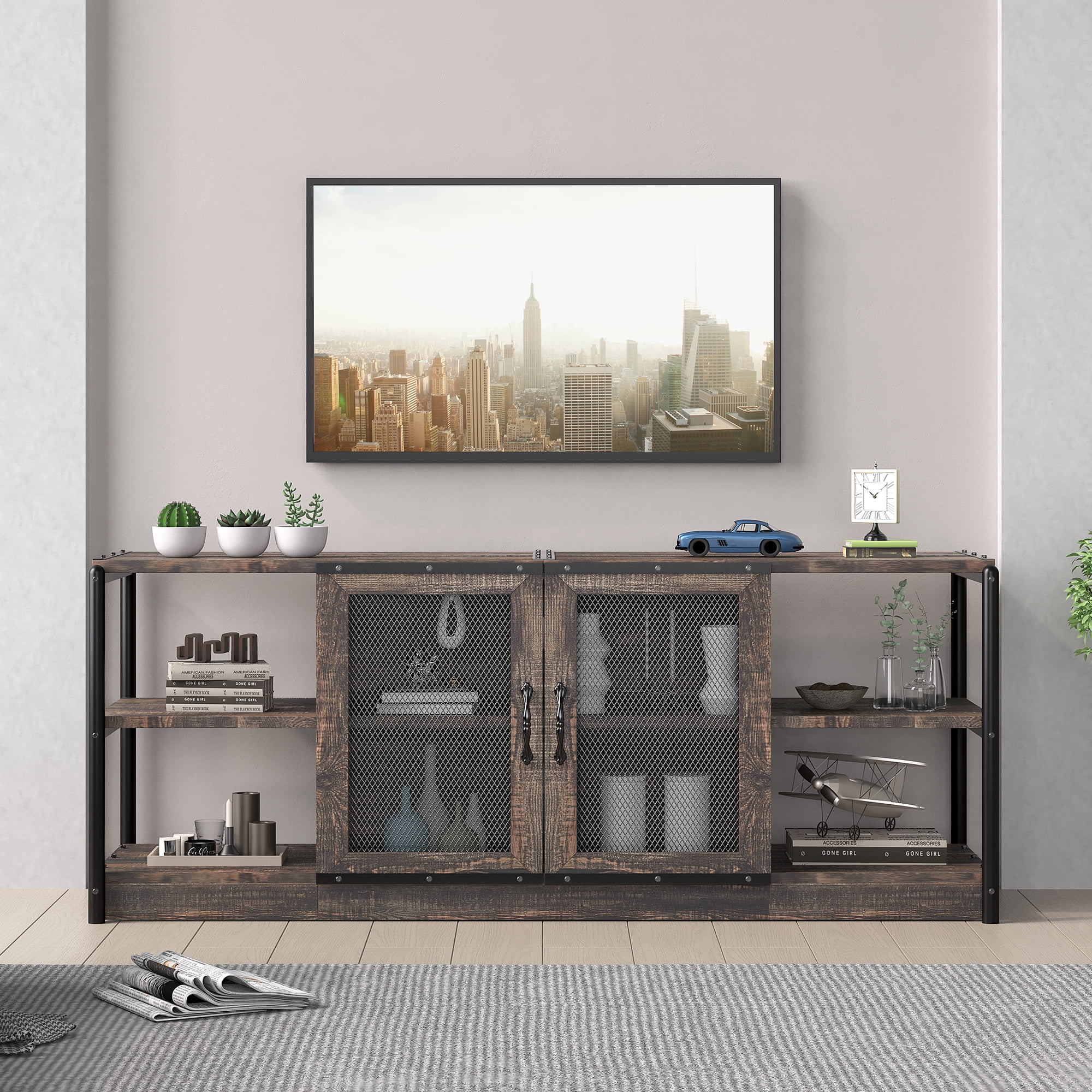 63" TV Stand Farmhouse Style TV Console Table with Storage Shelves ...