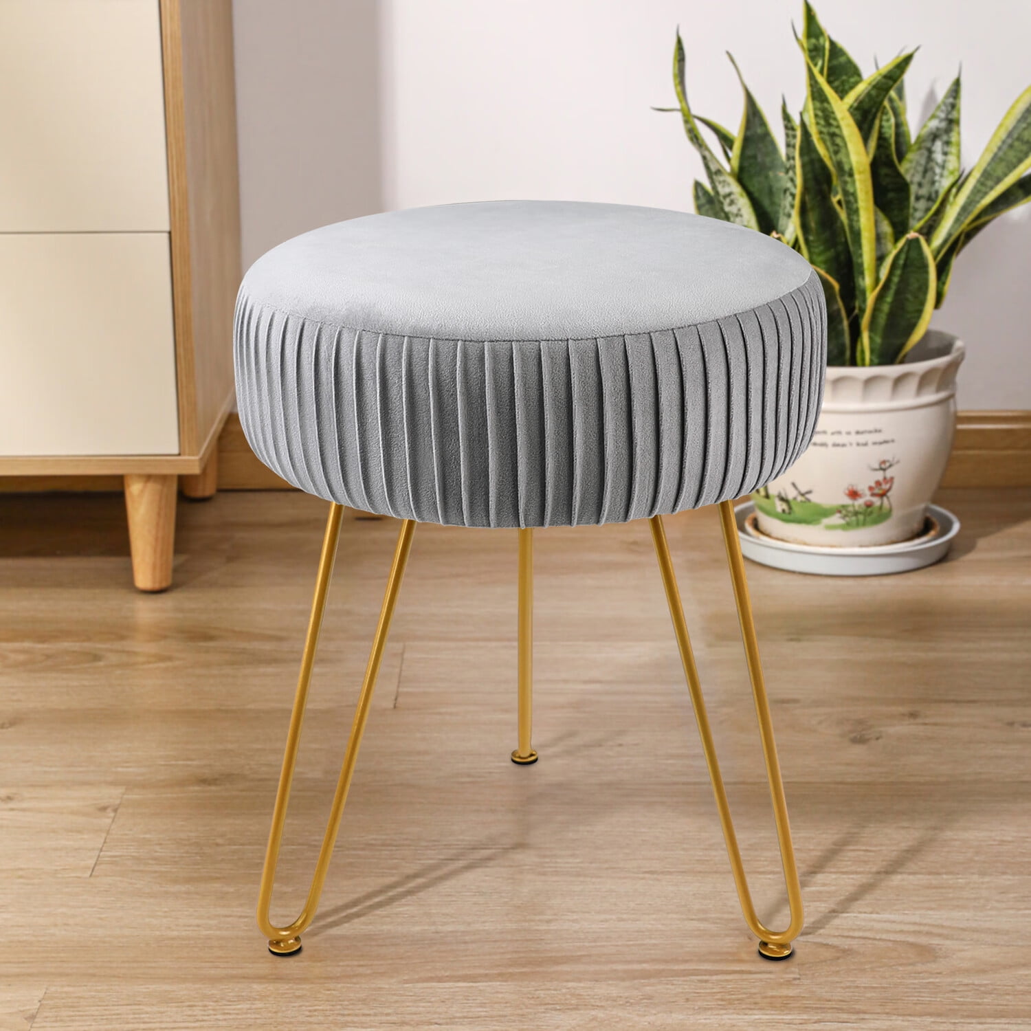 Velvet Footrest Stool Ottoman Pleated Round Modern Upholstered Vanity ...