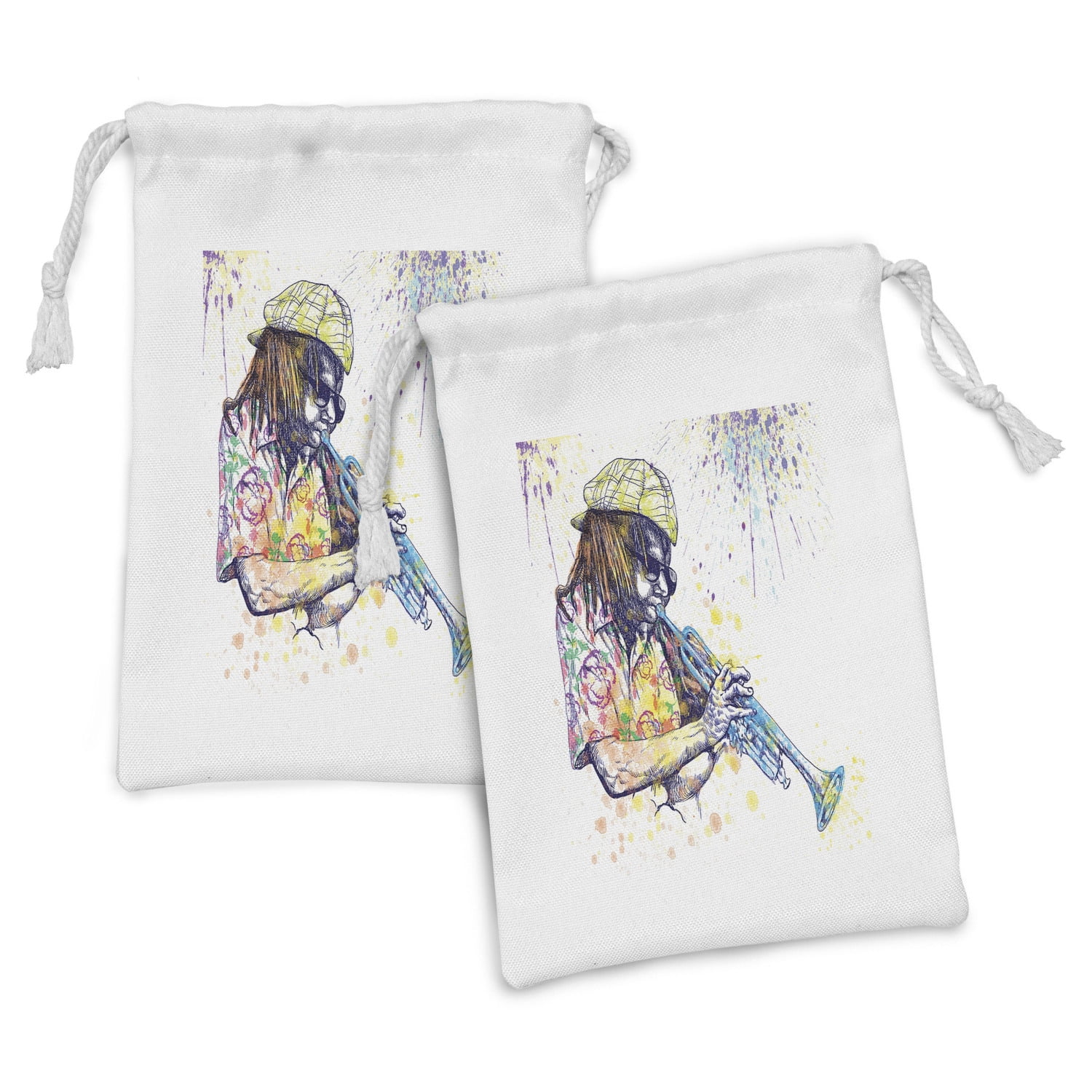 Jazz Music Fabric Pouch Set of 2, Illustration of Trumpeter with Paint ...