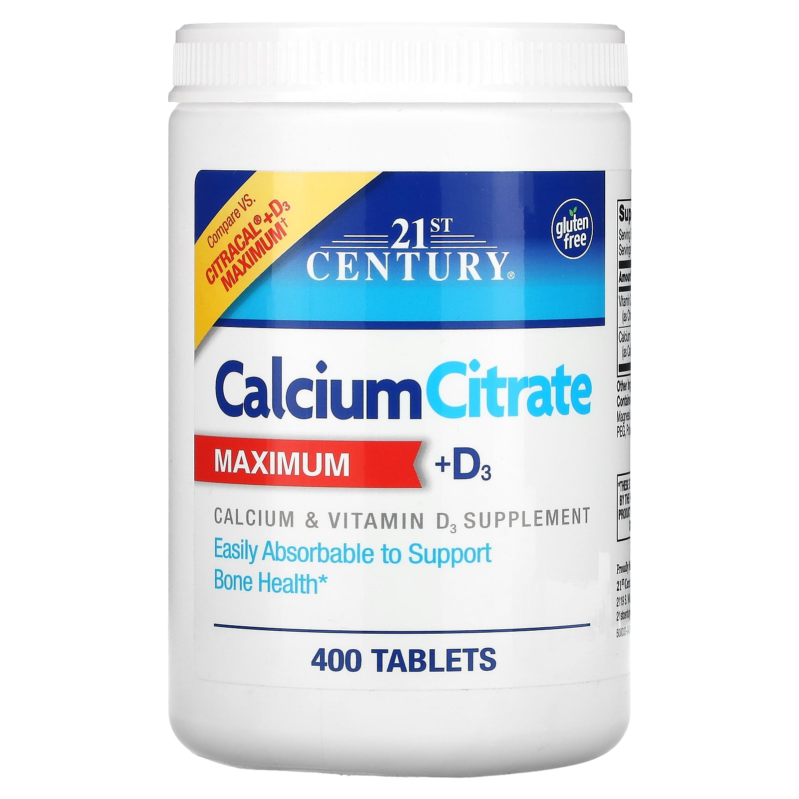 Calcium Citrate Maximum + D3, 400 Tablets, 21st Century - Walmart.com