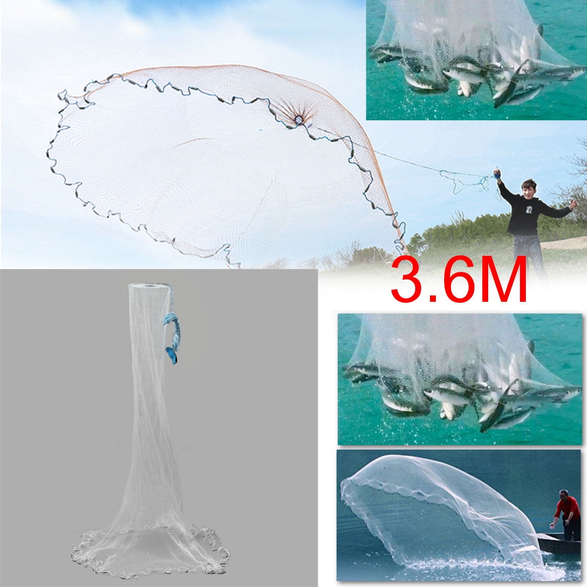 12Ft 3.6M 3/4'' Mesh Cast Net Saltwater Bait Fish Casting Net with Real ...
