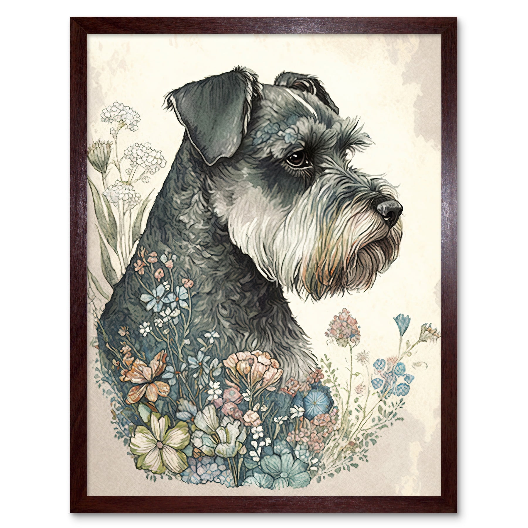 Grey Schnauzer Dog and Spring Flowers Boho Portrait Watercolour ...