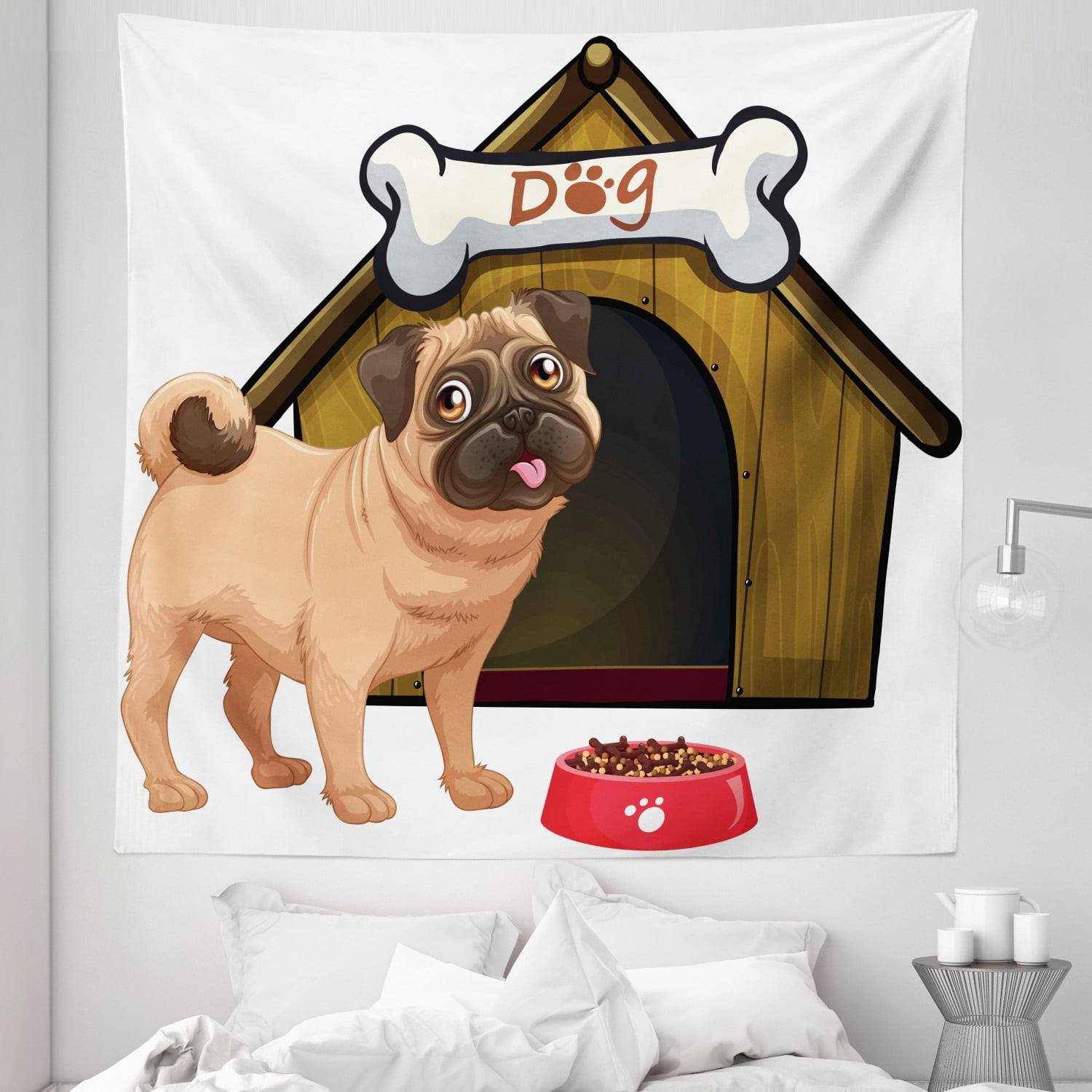 Pug Tapestry, Dog House with a Pug in Front and a Its Food Cartoon ...
